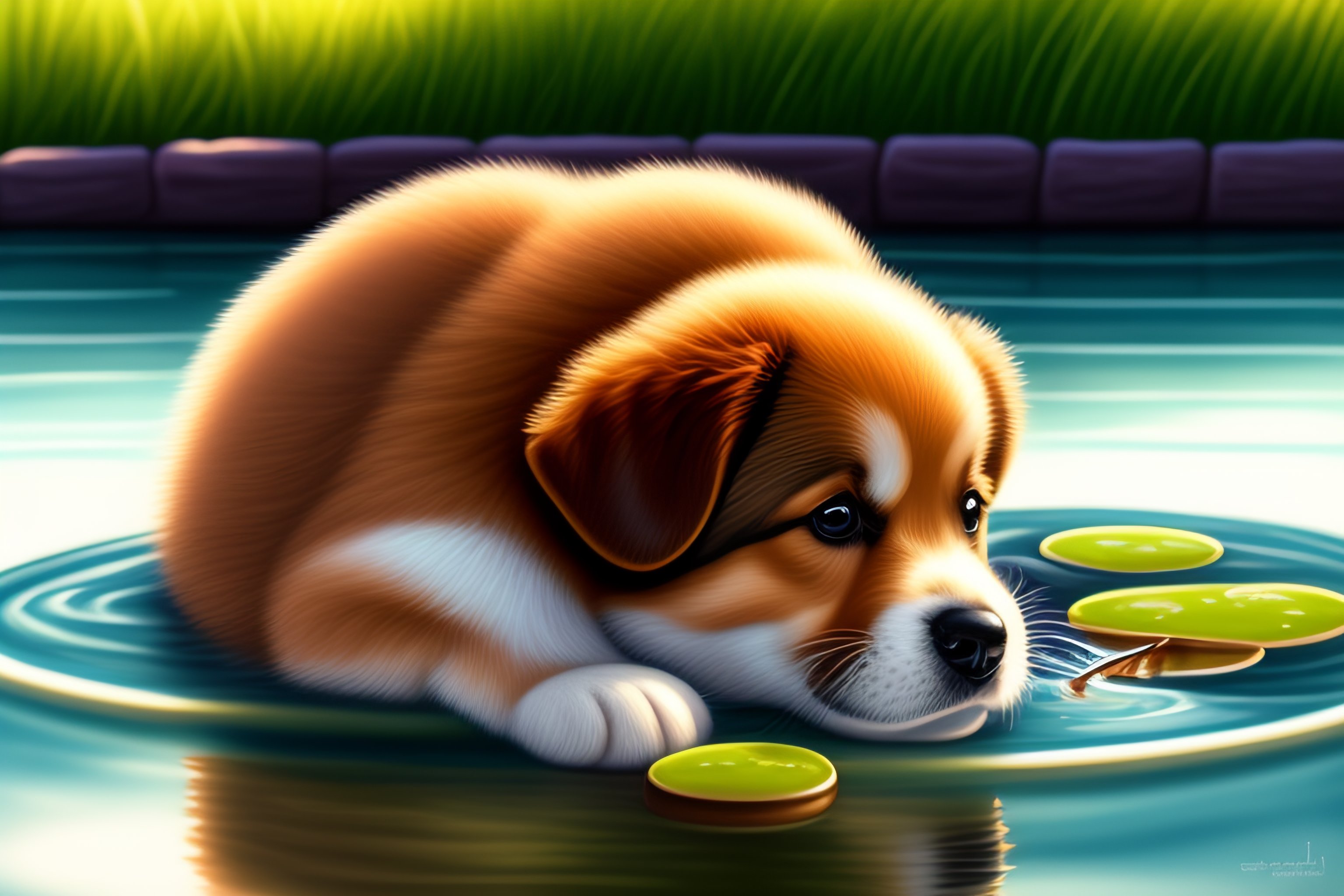 Lexica - A cartoon picture of a baby DOG drinking from a pond, a child ...
