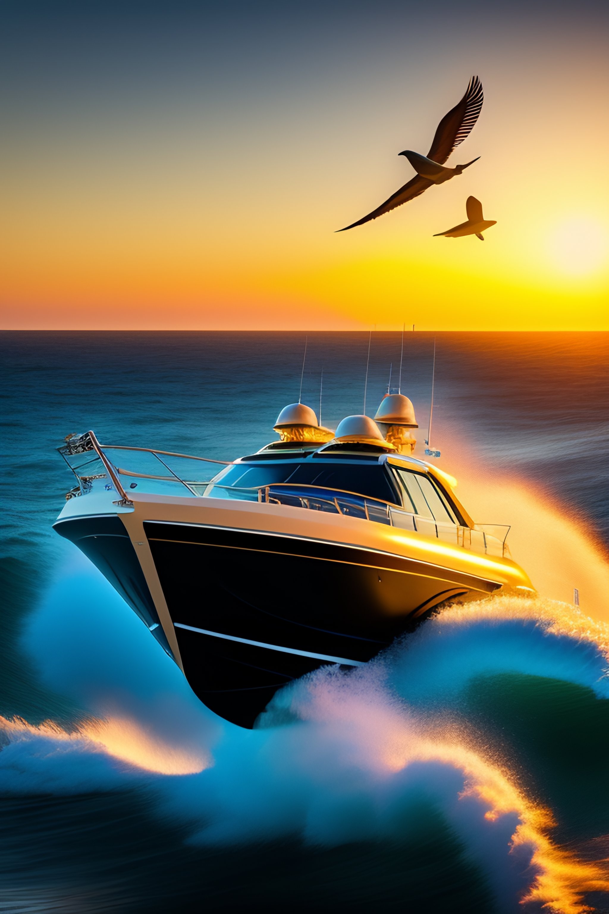 Lexica - Galeon sky powerboat with old skipper, ocean setting, sunset ...