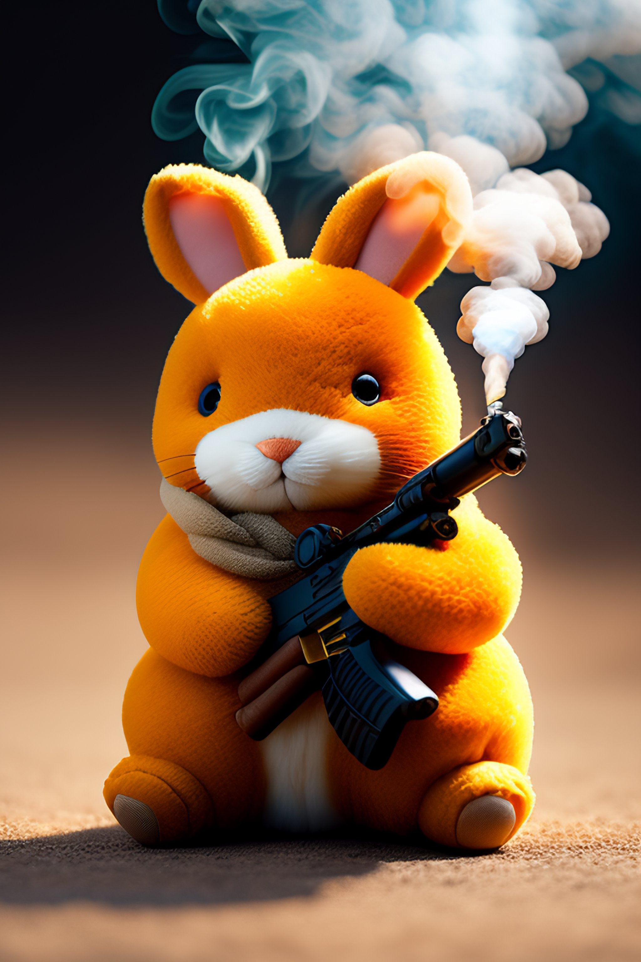 Lexica - Plush rabbit with a machine gun smokes a cigar nuclear explosion