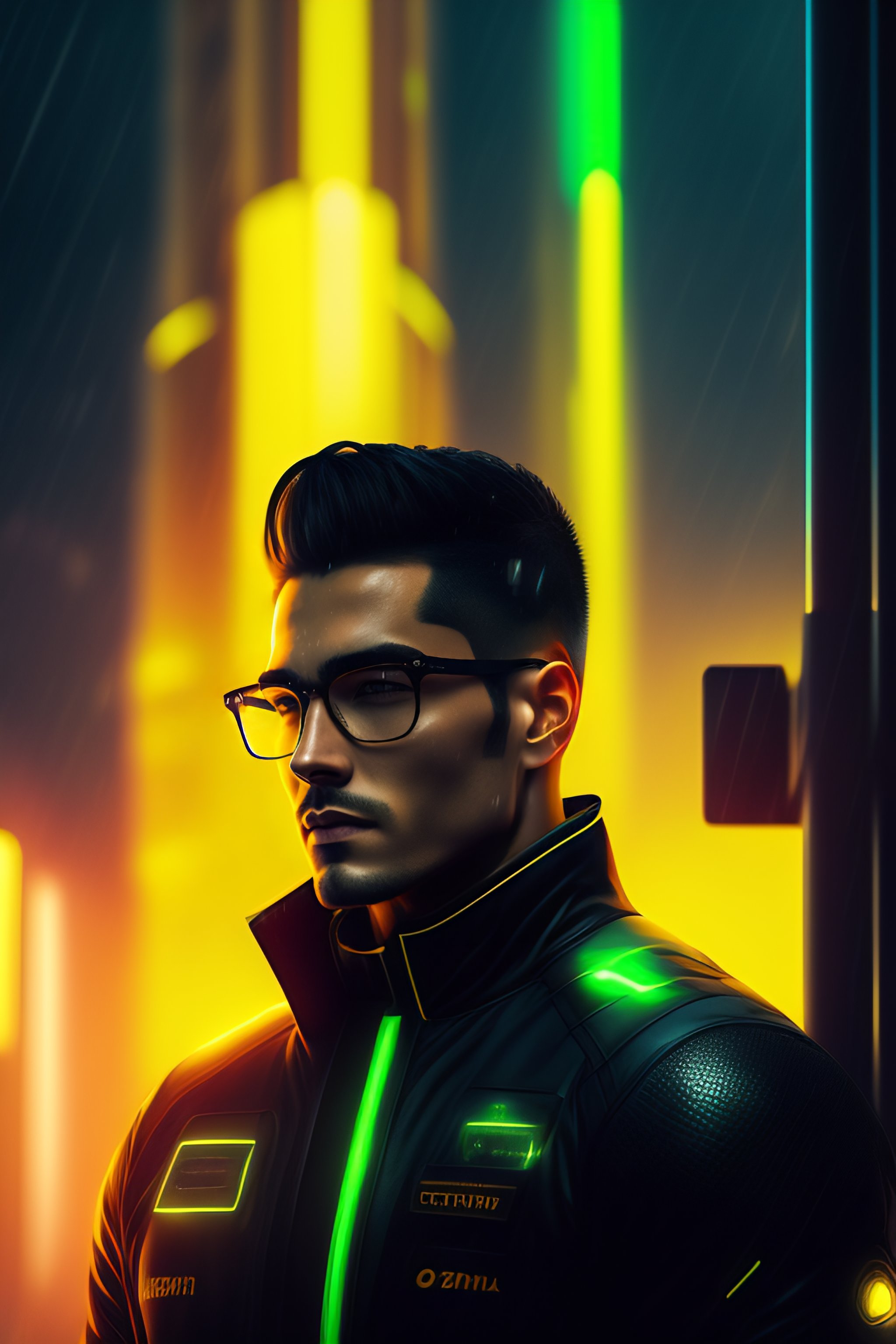 Lexica - Man with undercut hair in black tech suit charming with yellow ...