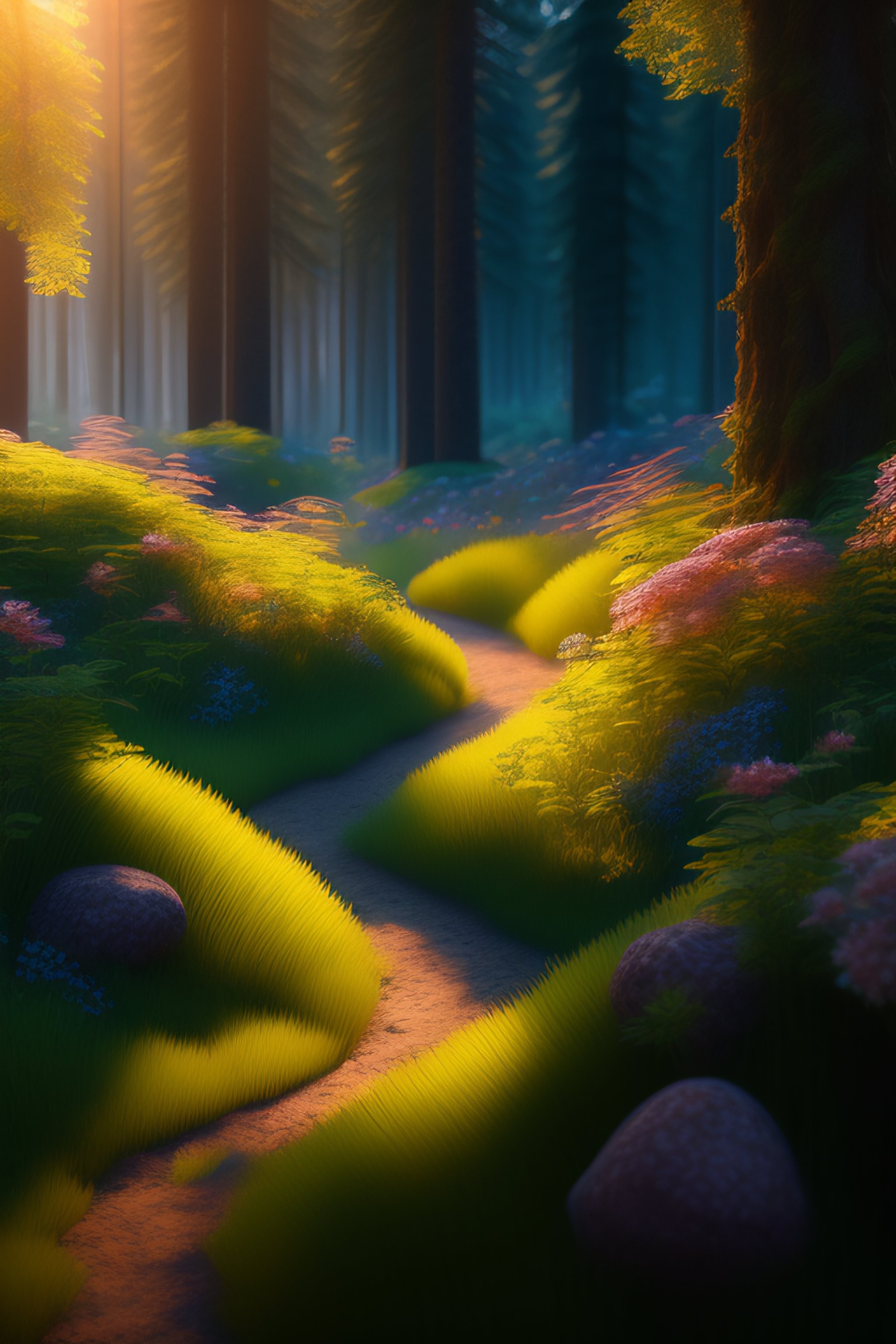 Lexica - 3d render of a trail in a dense summer forest, beautiful ...