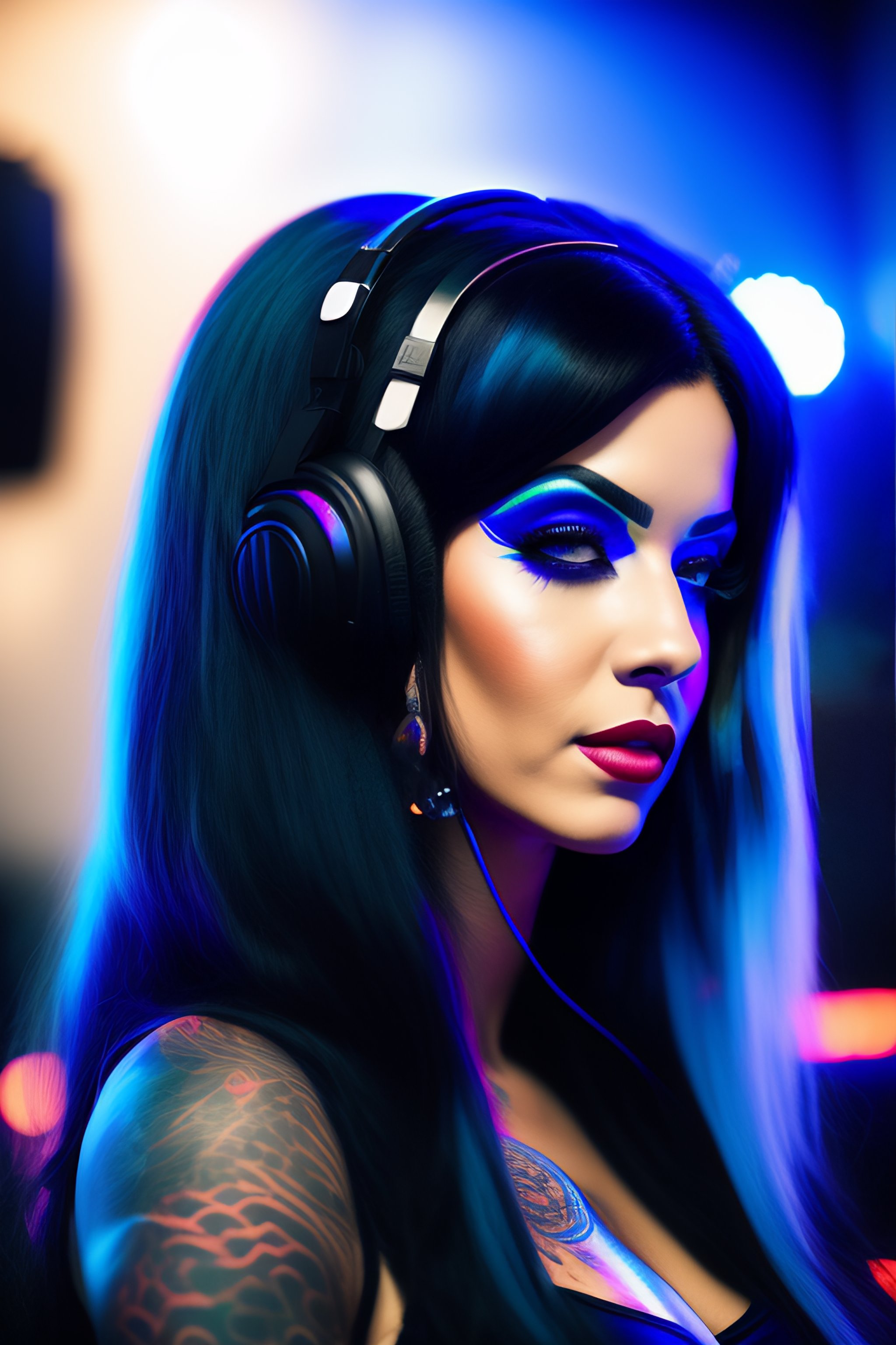 Lexica - Picture of a female goth dj'ing with black hair with blue streaks