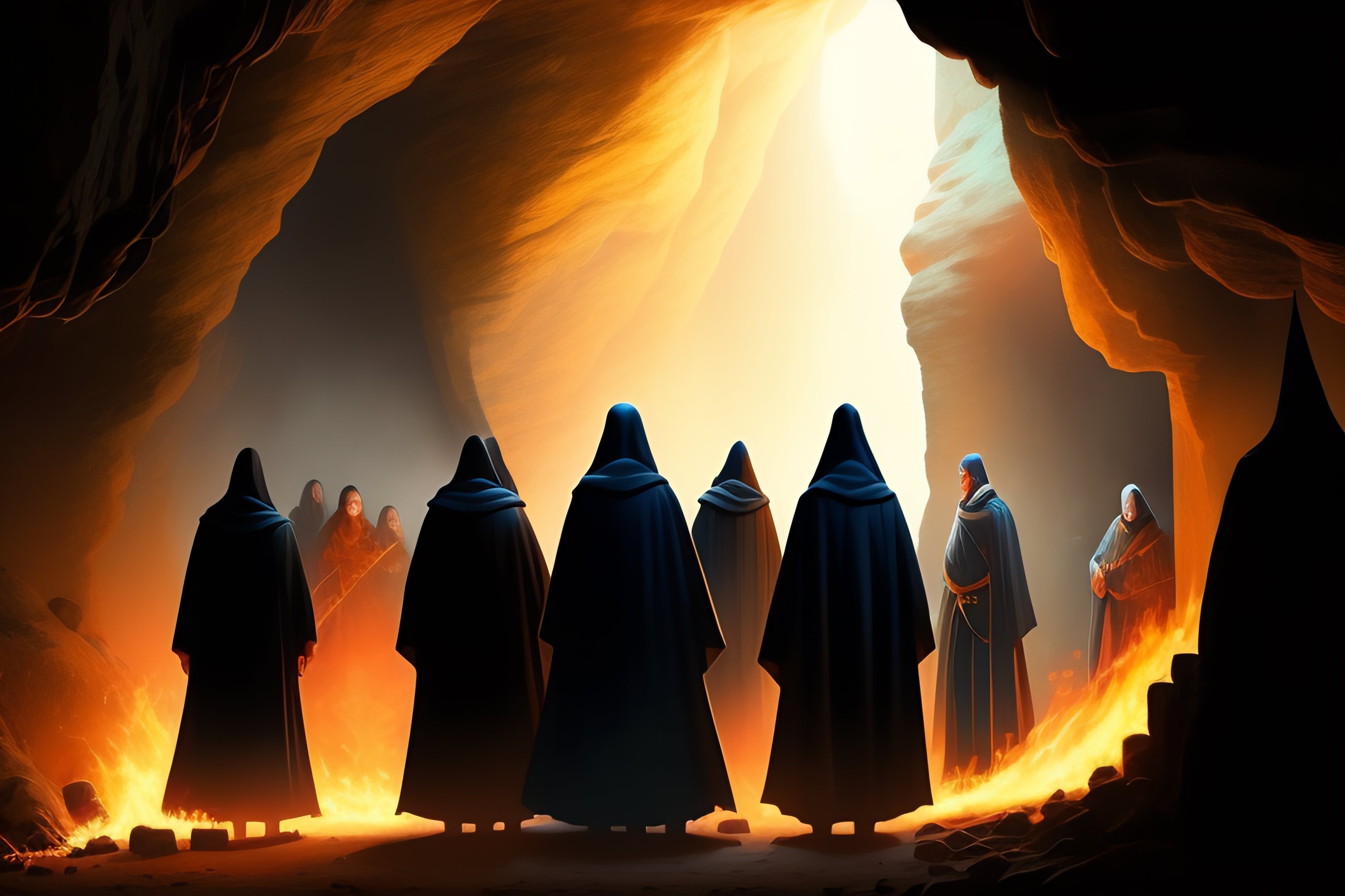 Lexica - Interior medieval cave, Group men in black robes, hoods, evil ...