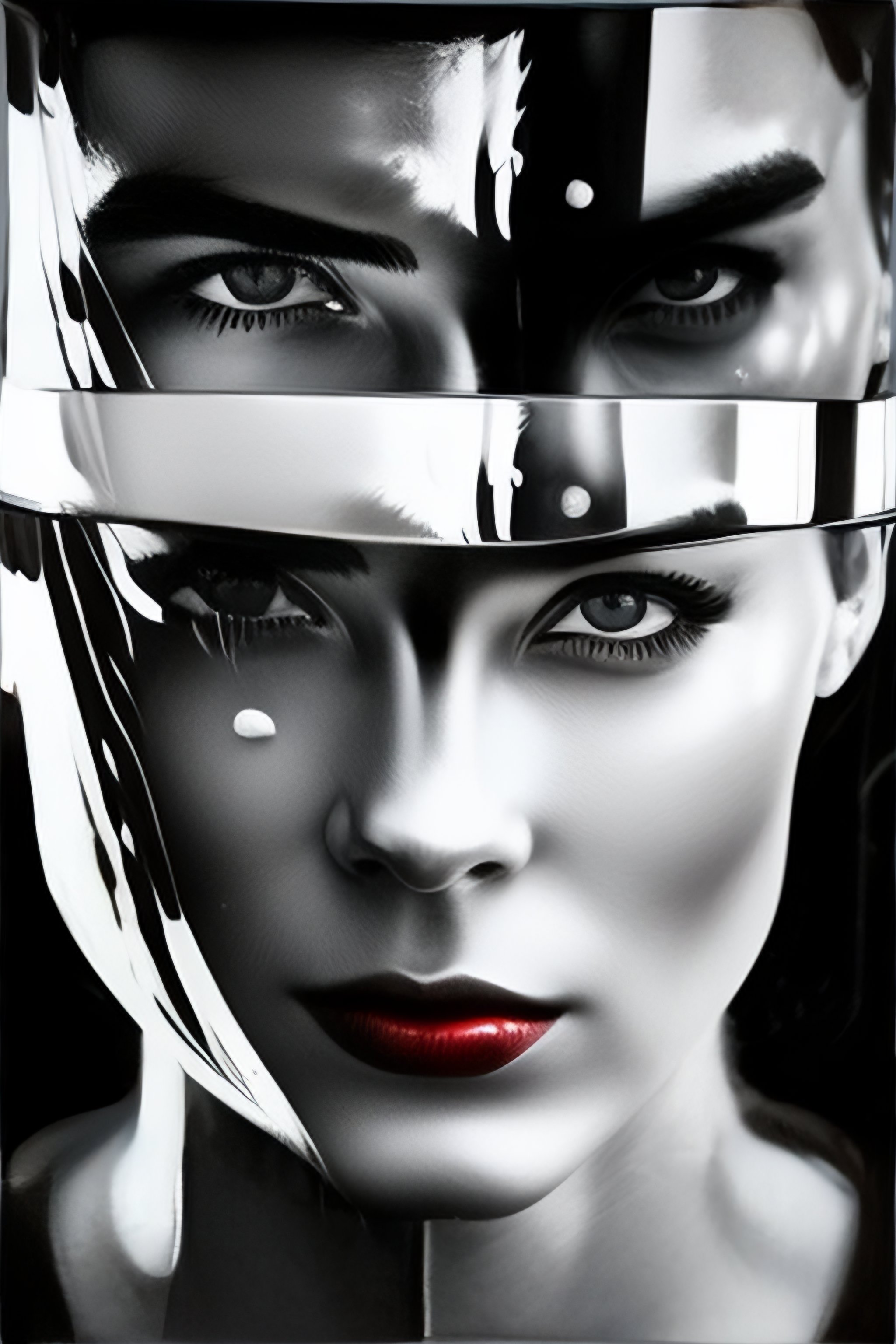 Lexica - Anonymous face , among fake people, red eyes, black and white,