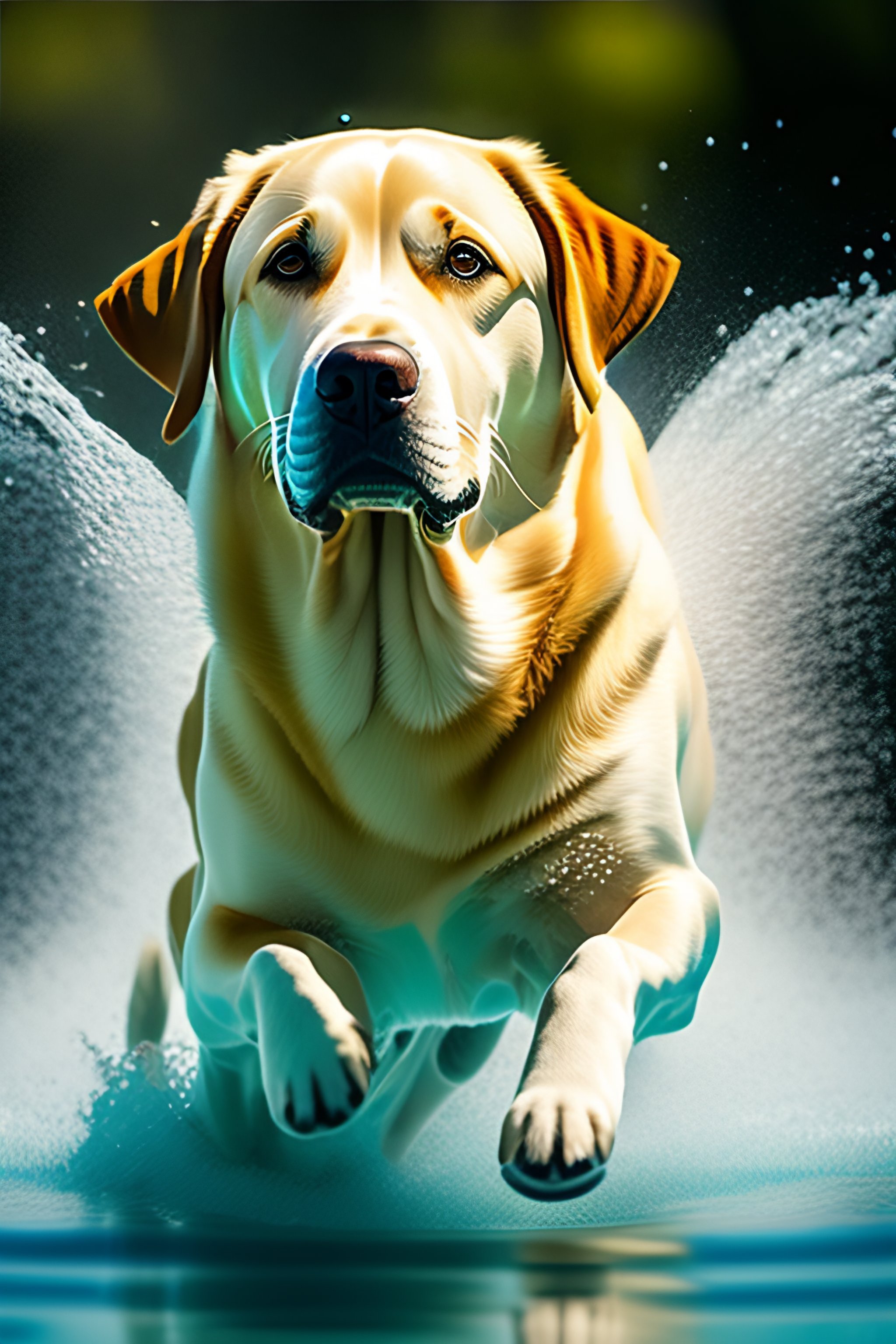 Lexica - A female Yellow lab jumping into a pool with an exciting face