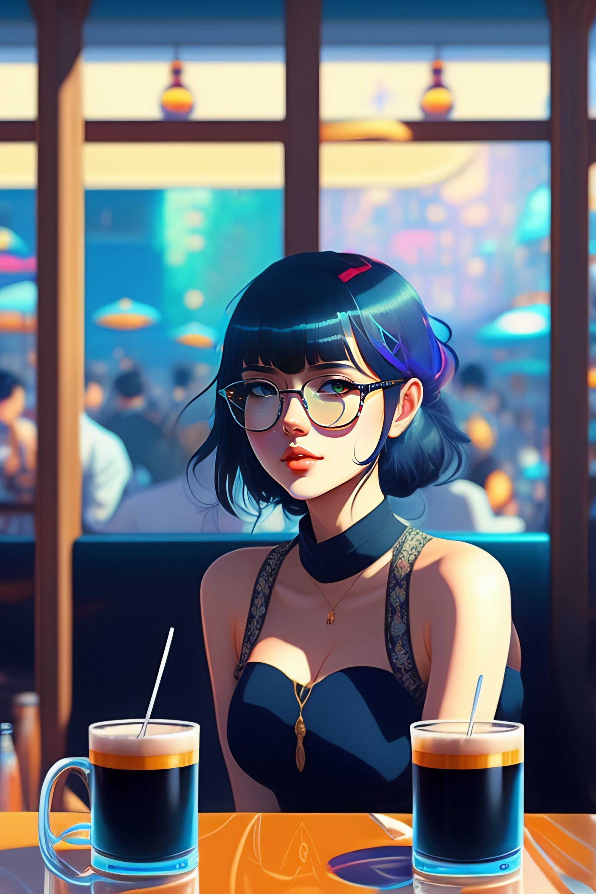 Lexica - Cute girl in blue dress black hair black wayfarer glasses sitting psychedelic patterns ...