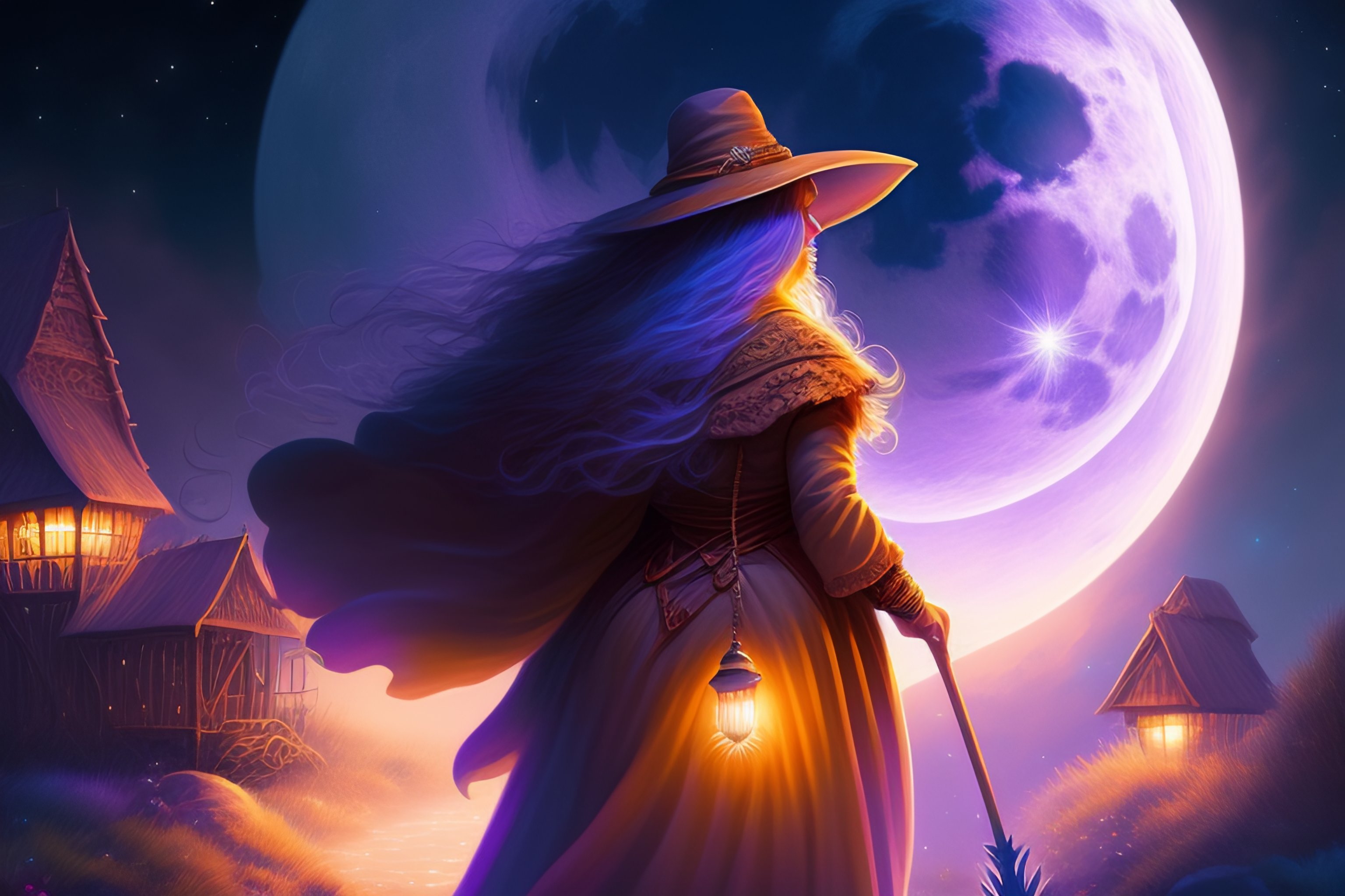 Lexica - Old crone witch riding a magic flying broom and a big bag full ...