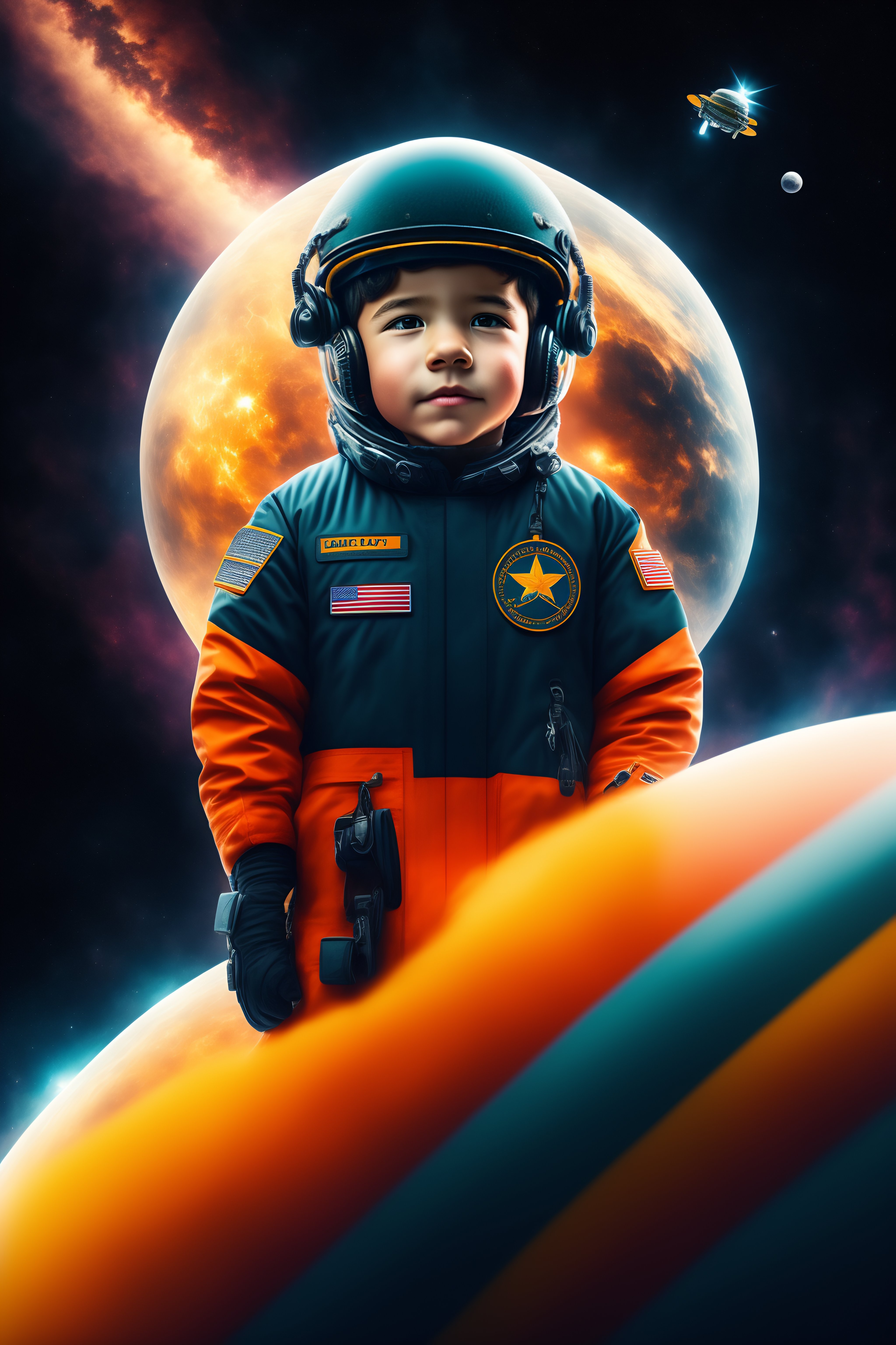 Lexica - A small boy in a pilot uniform floating in the space