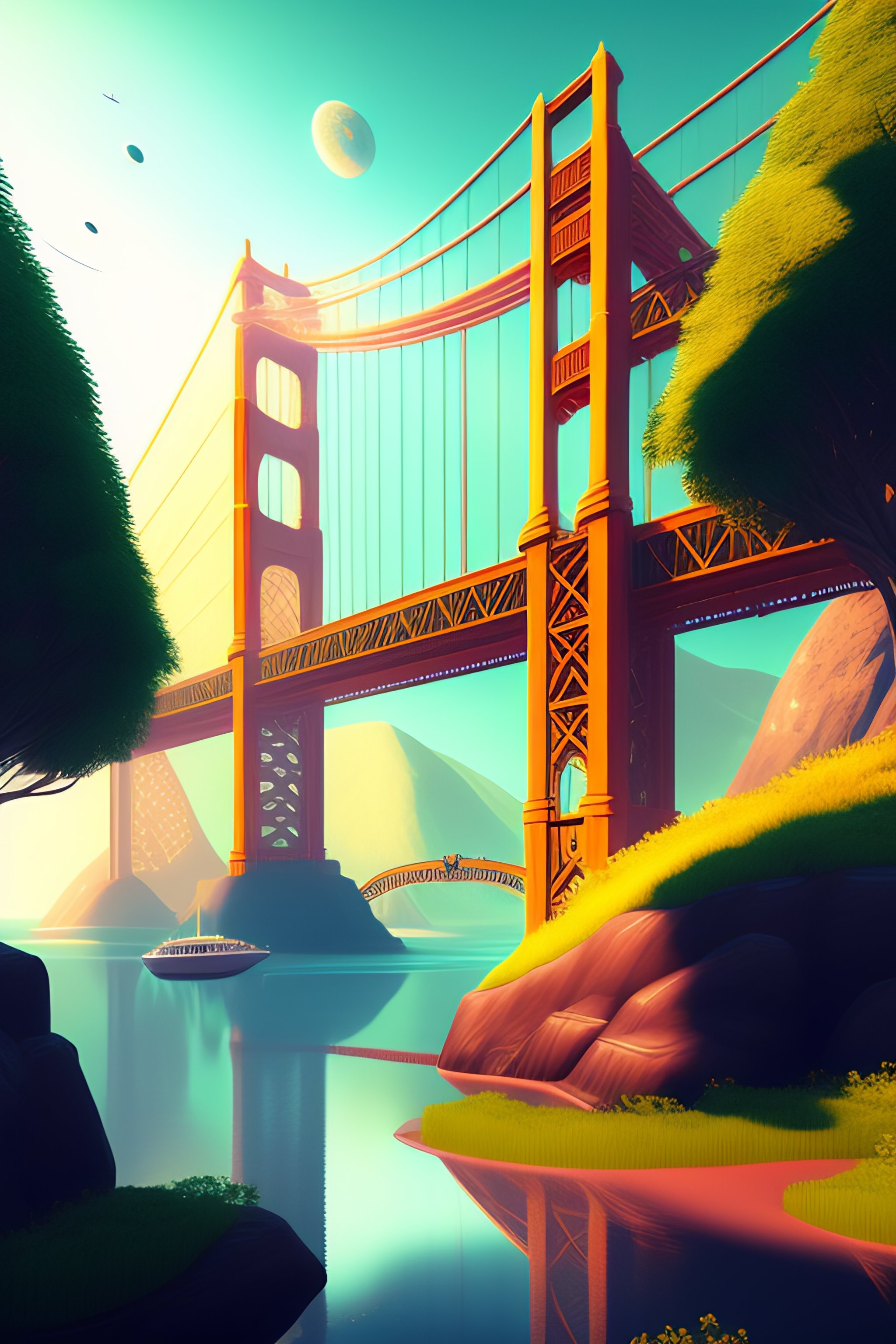 Lexica - Golden gate bridge in 2050, lots of green trees everywhere ...