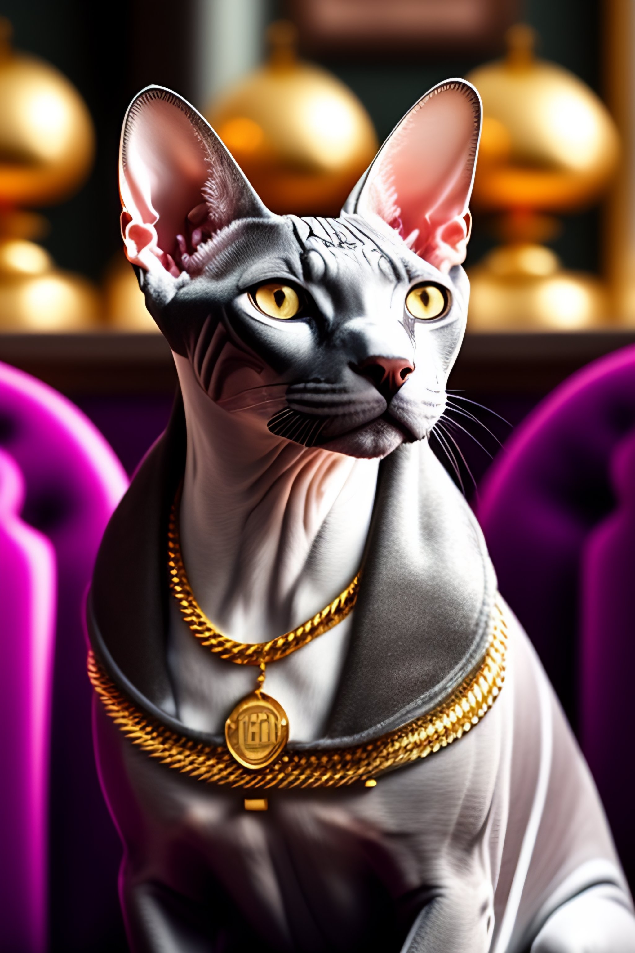 Lexica - All gray sphynx wearing gold chain sitting in front pink cafe
