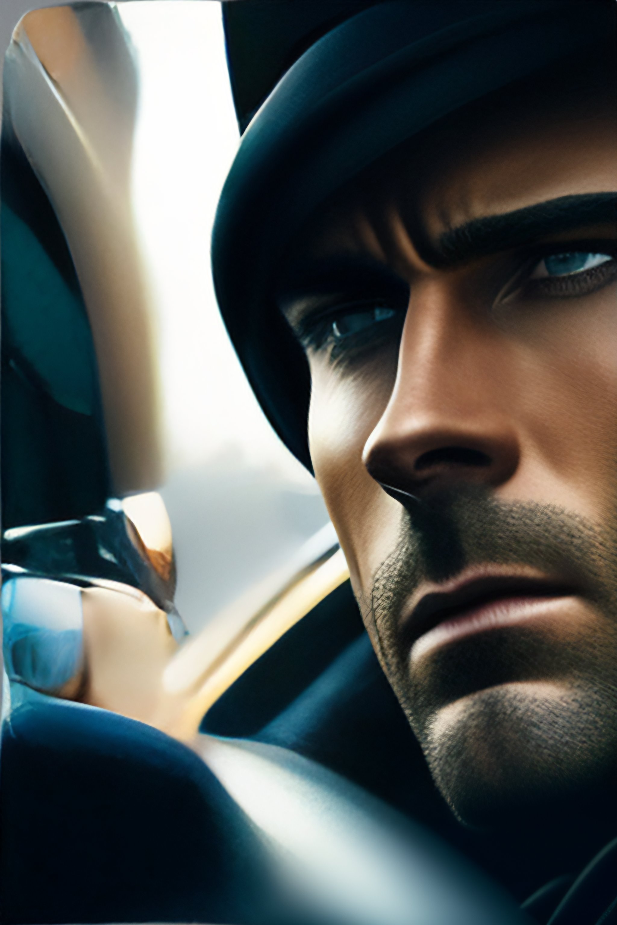 Lexica - A closeup action shot of a male spy driving through the narrow ...