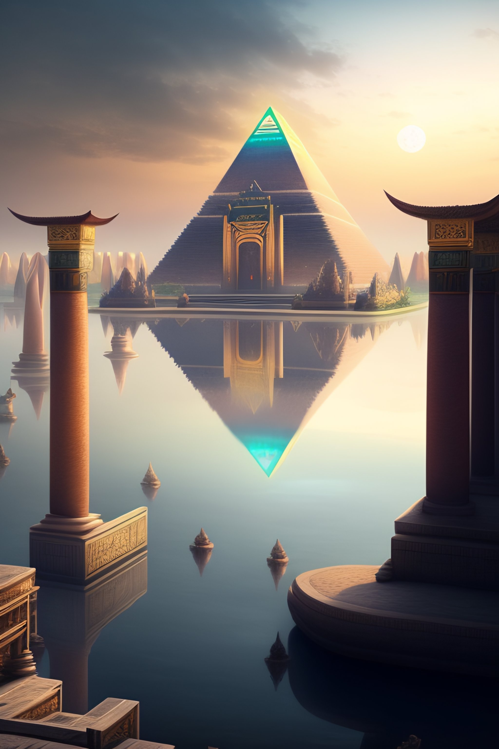 Lexica - A distant view of a single white glowing magical great pyramid ...