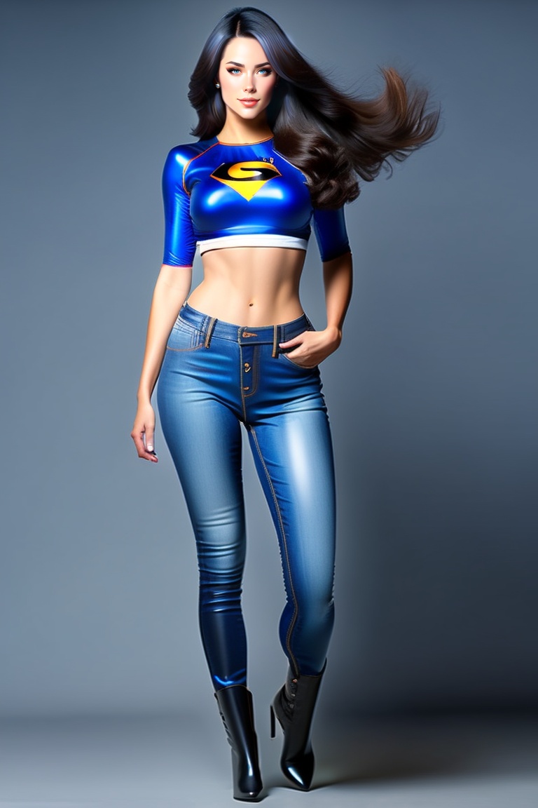 Lexica - Jeans Super Heroine, dark hair, blue jeans bodysuit, blue eyes, bare legs