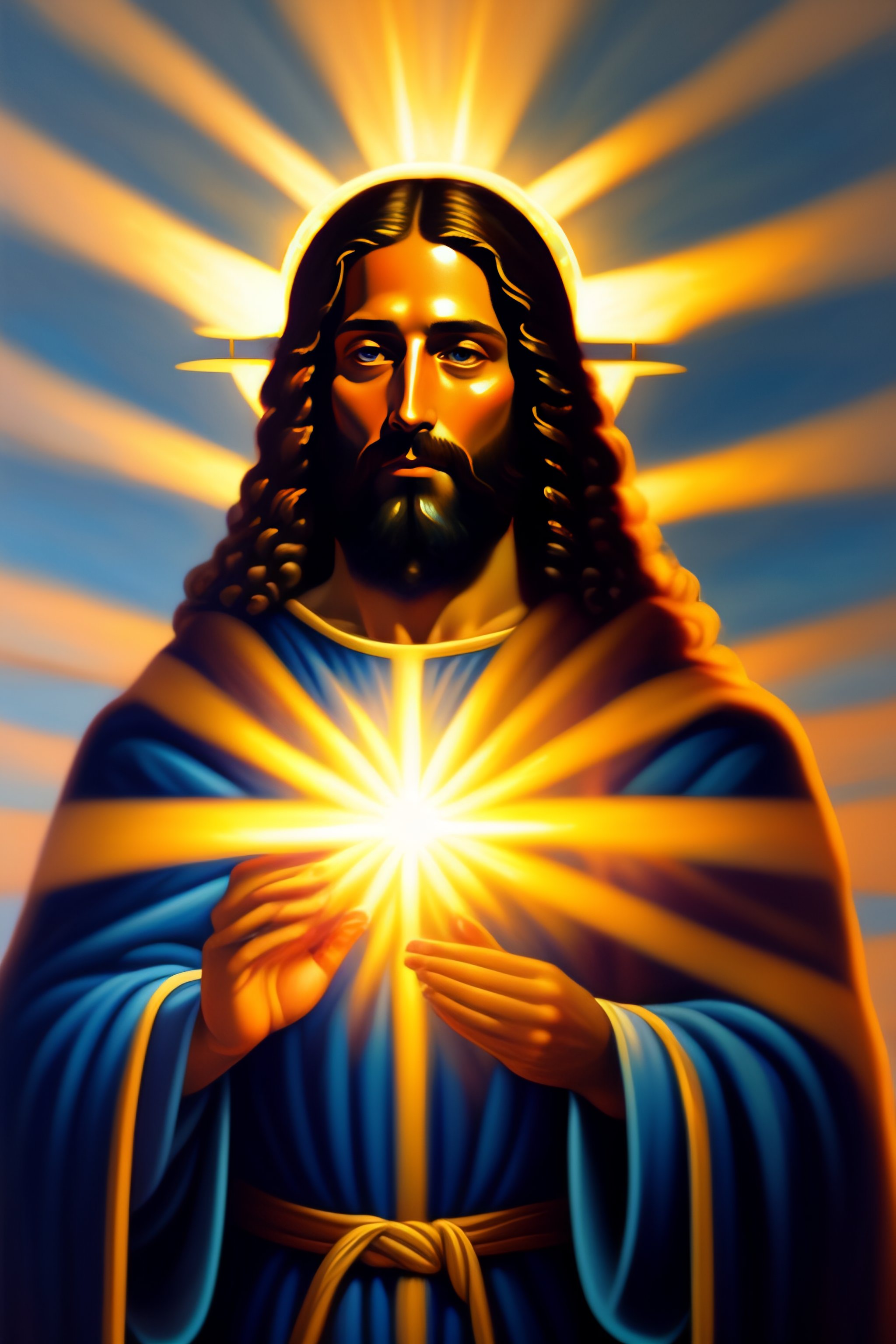 Lexica - Hyperrealistic painting of Jesus in a blue robe, with rays of ...