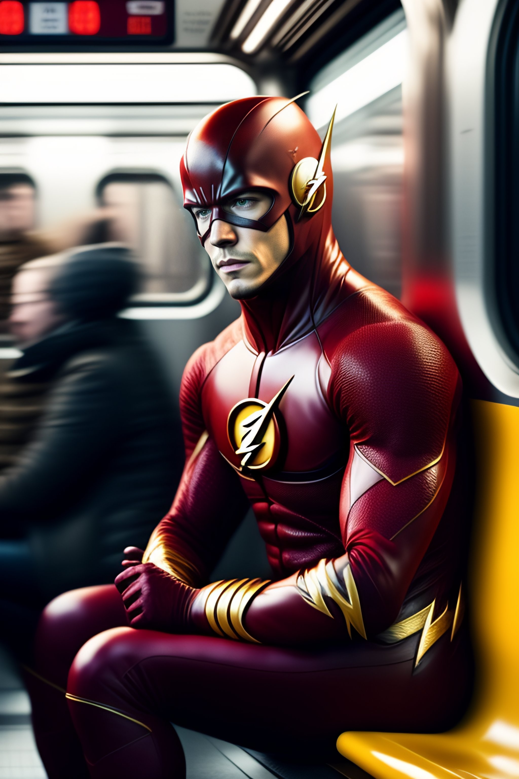 Lexica - The Flash character sitting on the subway, realistic, cinematic