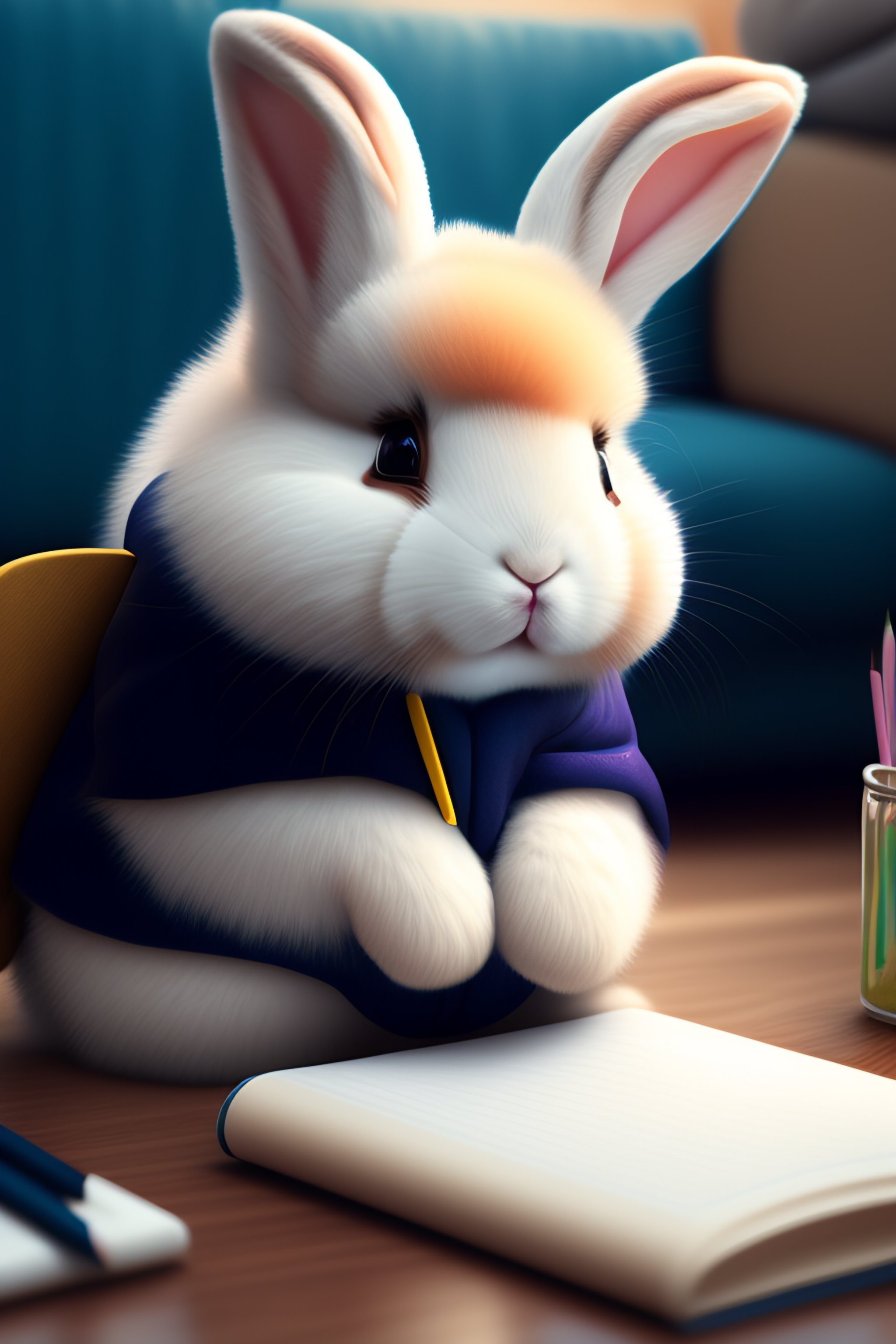 Lexica - A cute fluffy bunny grumpily doing her homework