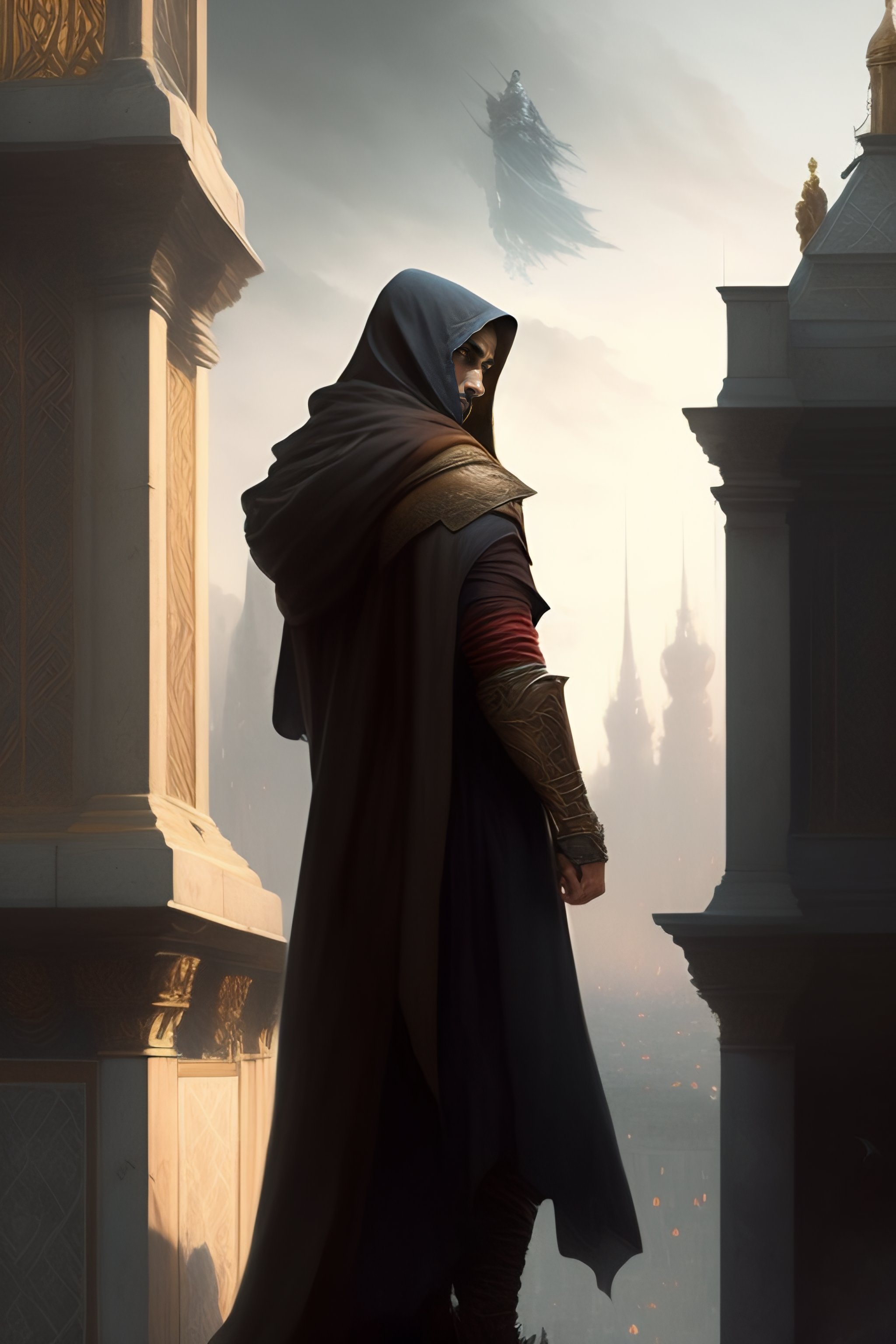 Lexica - "A hooded assassin standing atop a rooftop overlooking a ...