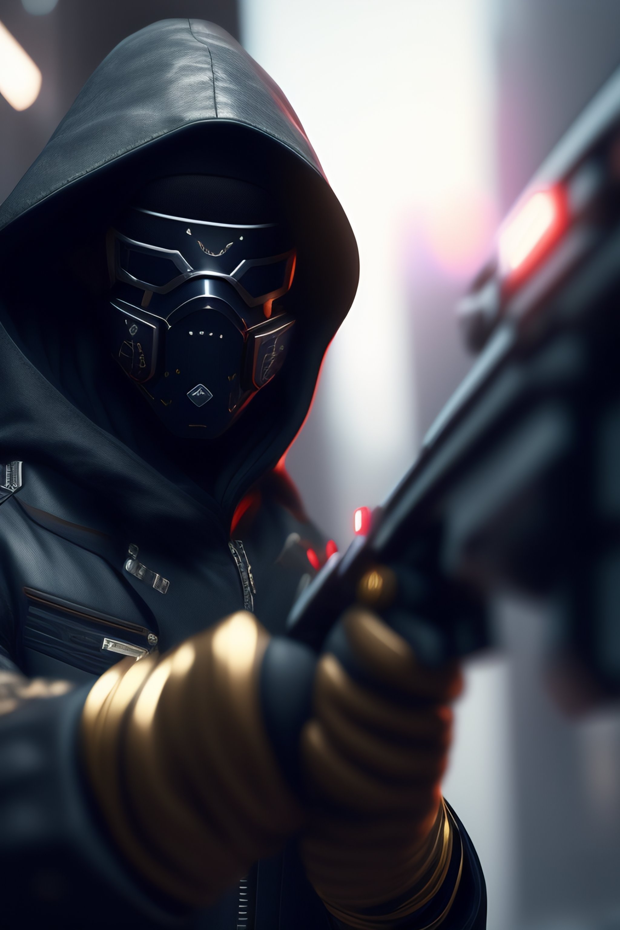 Lexica - Masked cyberpunk assassin, shooting gun, hyper realistic ...