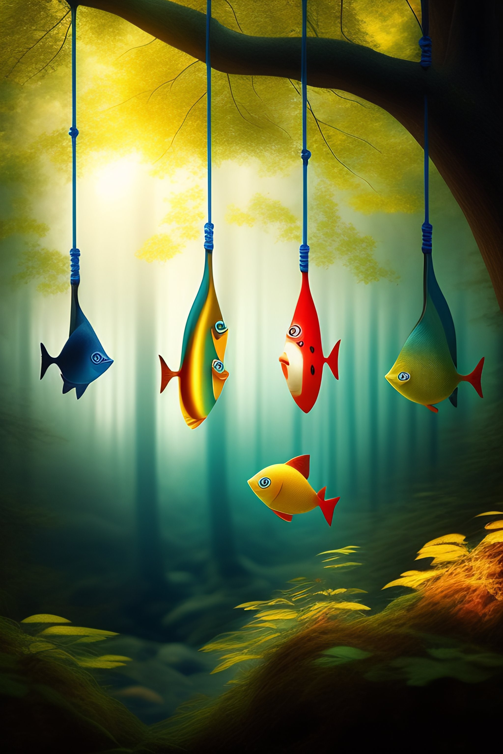 Lexica - Singing fish, swinging on child's swings in the woods