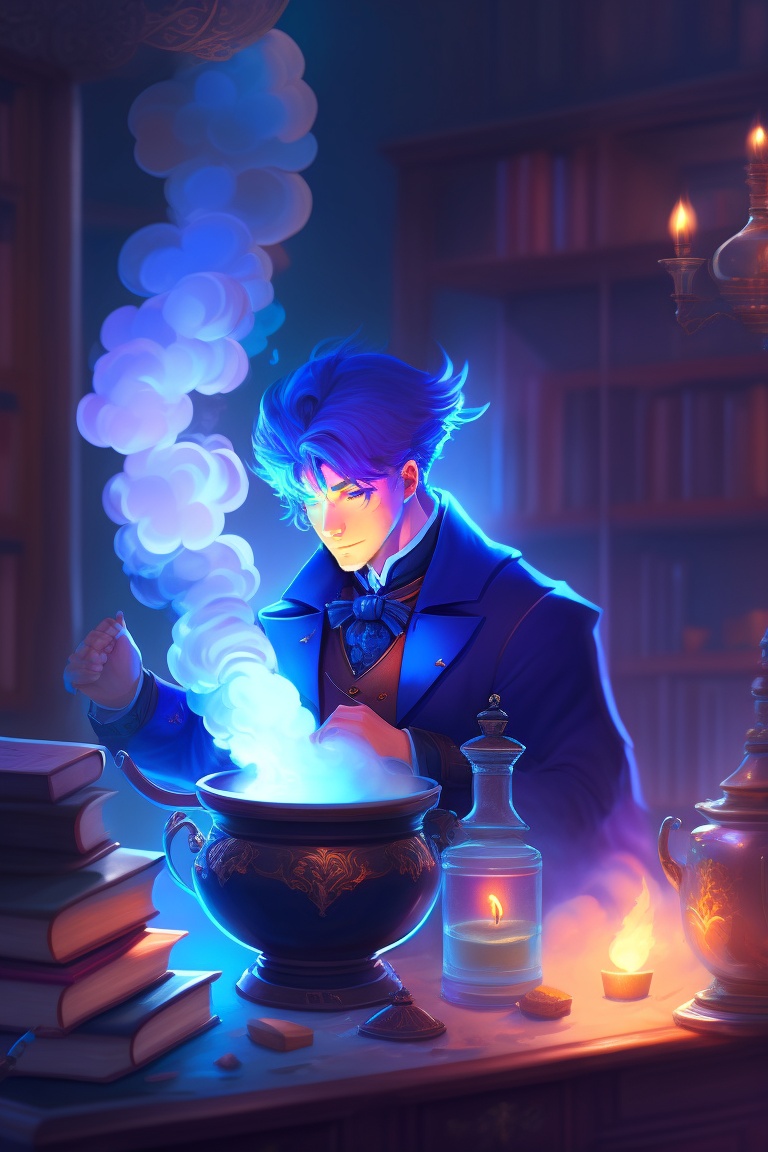 Lexica - A handsome guy brews a potion in a large cauldron, smoke ...