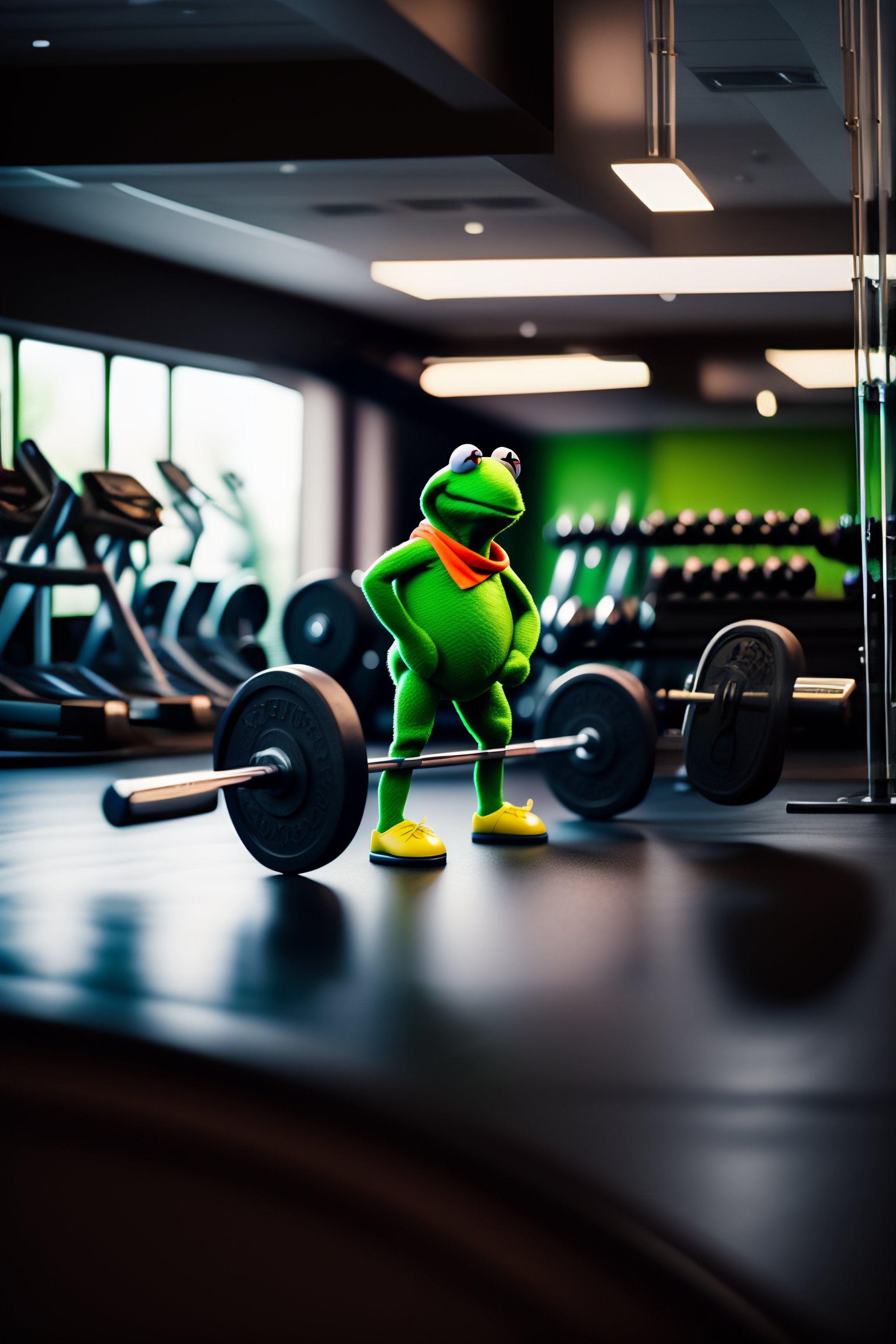 Lexica - Kermit the Frog doing deadlifts swole at a luxury gym, portra ...