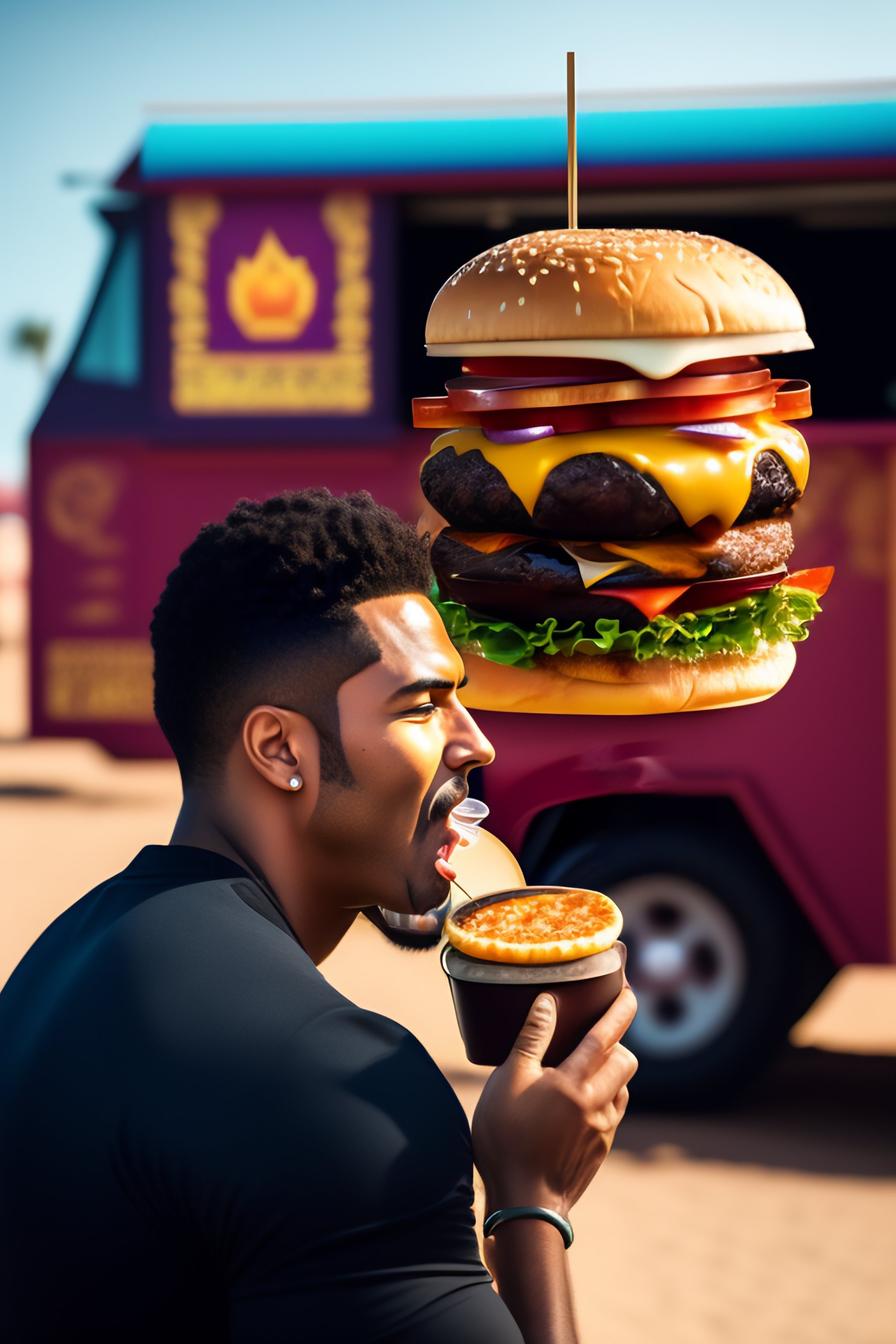 Lexica - A guy eating a burger in front of the street food truck, on ...