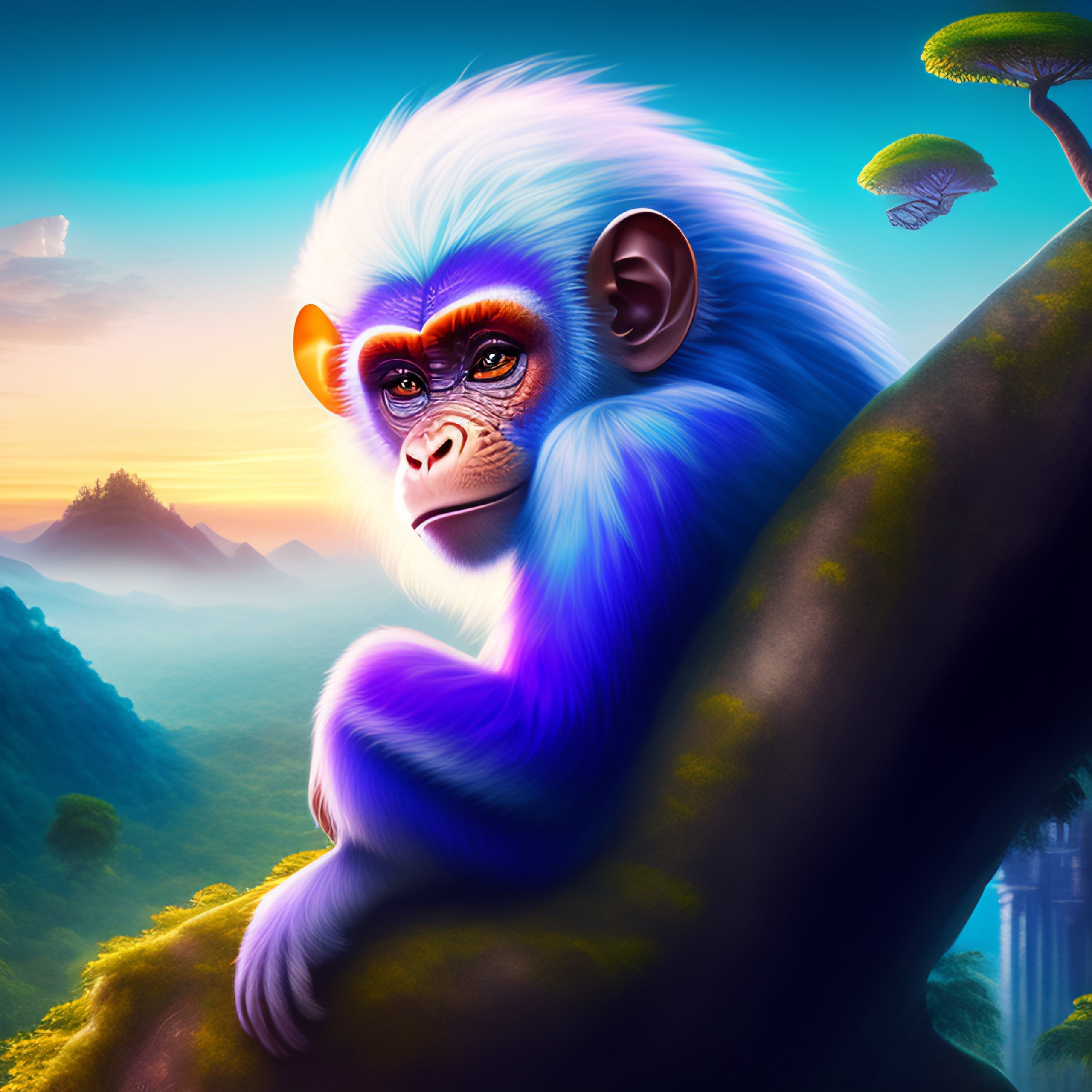 Lexica - A young monkey with crazy white hair and blue skin, with monk ...