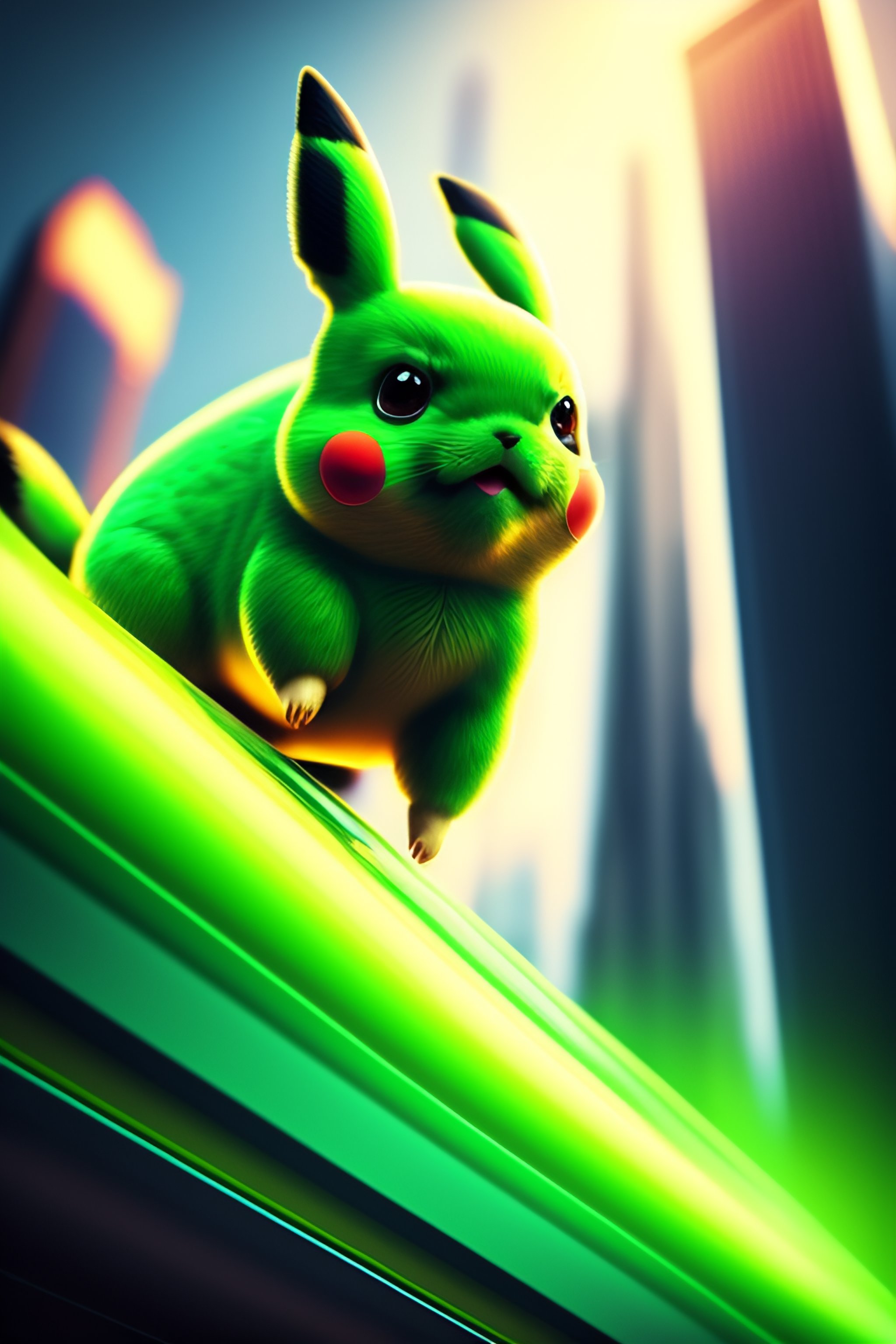 Lexica - Pikachu jumping over skyscrapers in alien city, green liquid ...