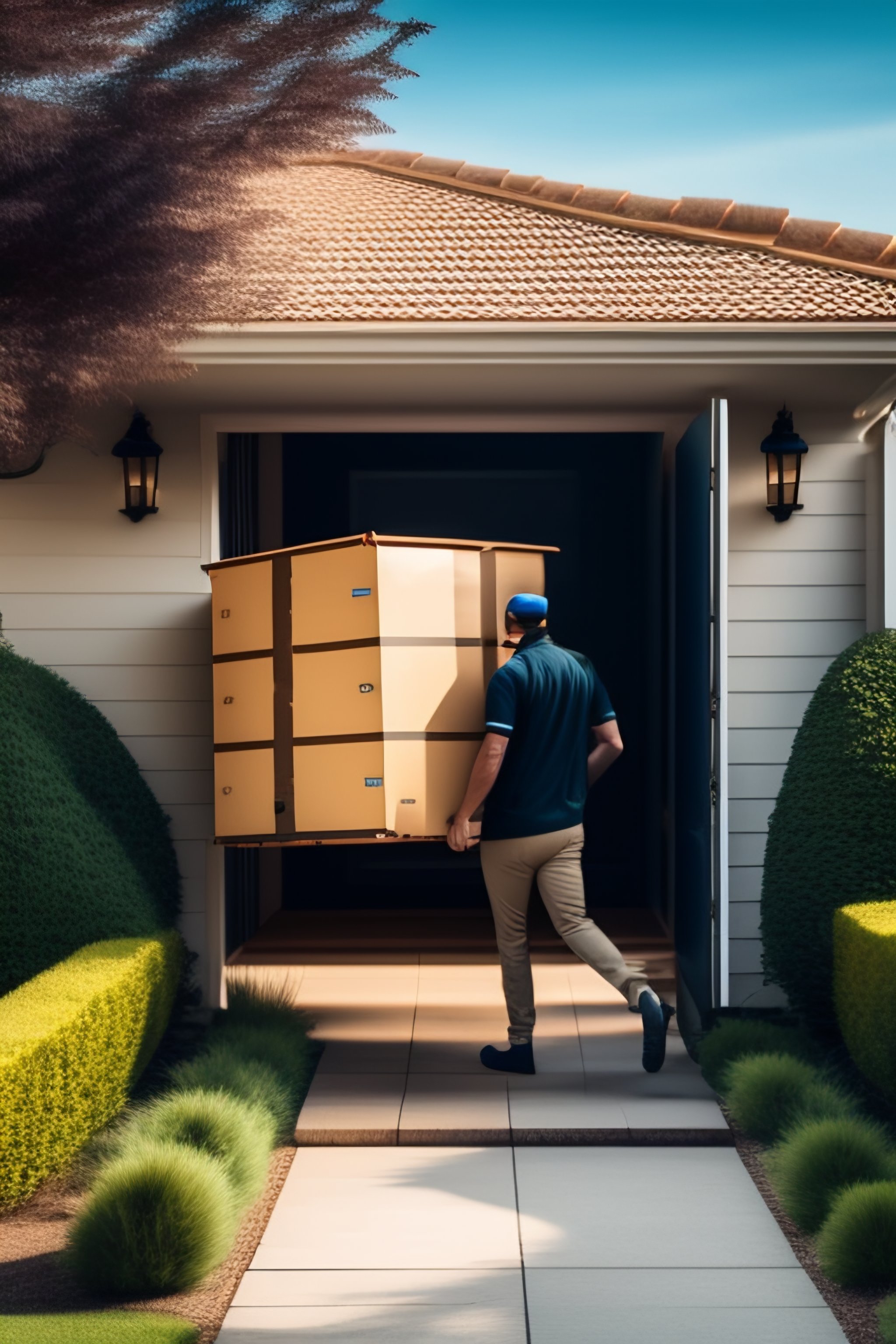 Lexica - Delivery van driver carrying a package to the doorstep of a ...
