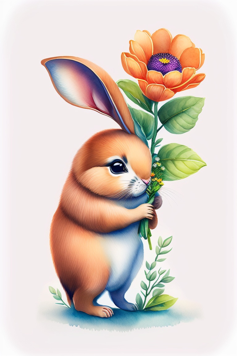 Lexica - A cute bunny holding a bouquet of flowers, in gentle retro ...