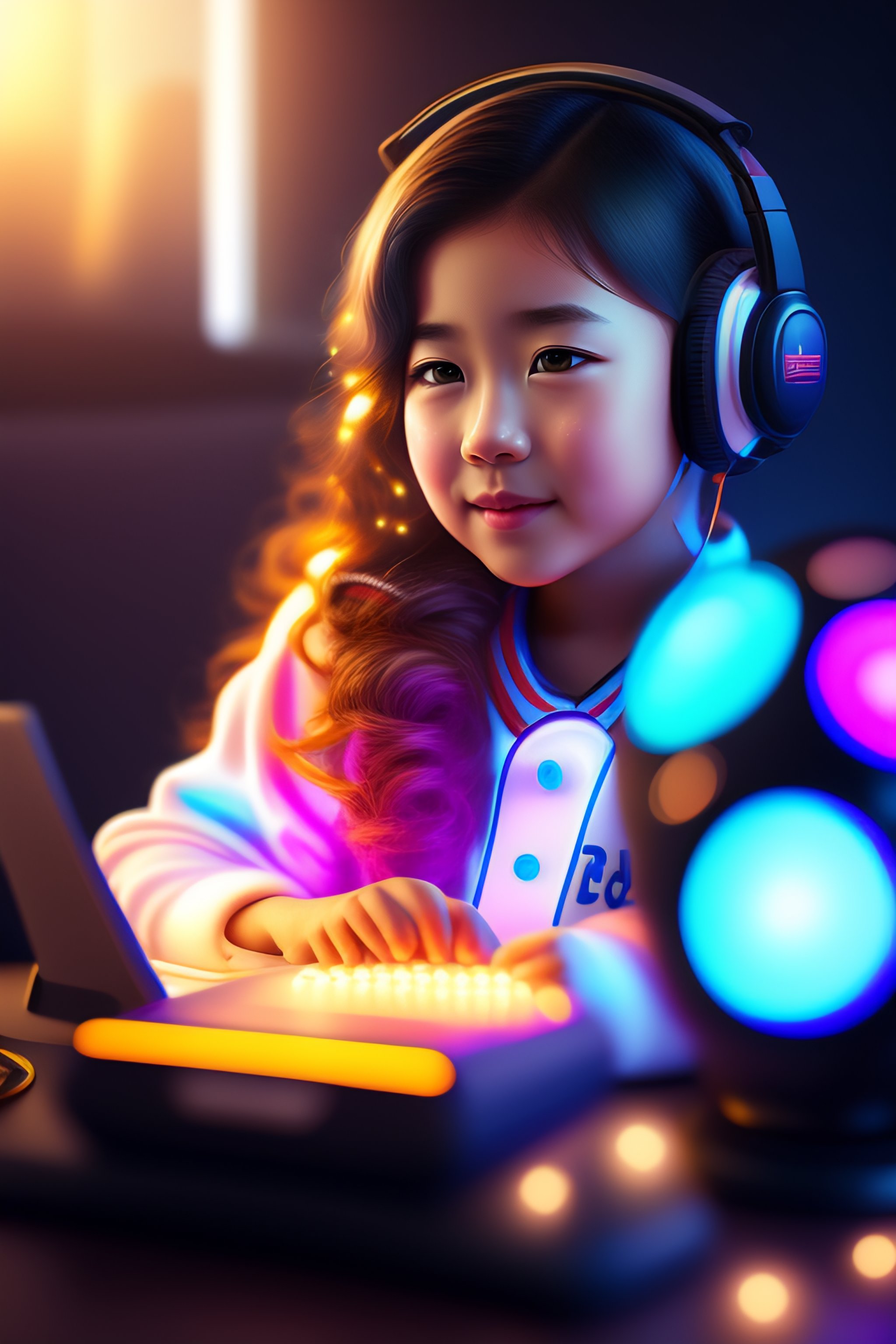 Lexica - Photo of cute young rblack girl gaming at her desk in bedroom ...