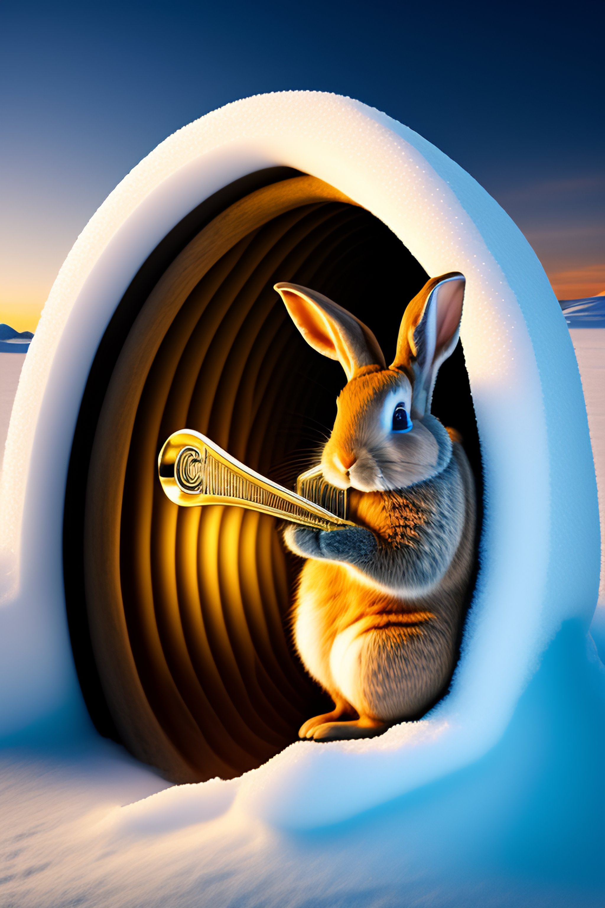 Lexica - Portrait of a rabbit playing a harp in an igloo