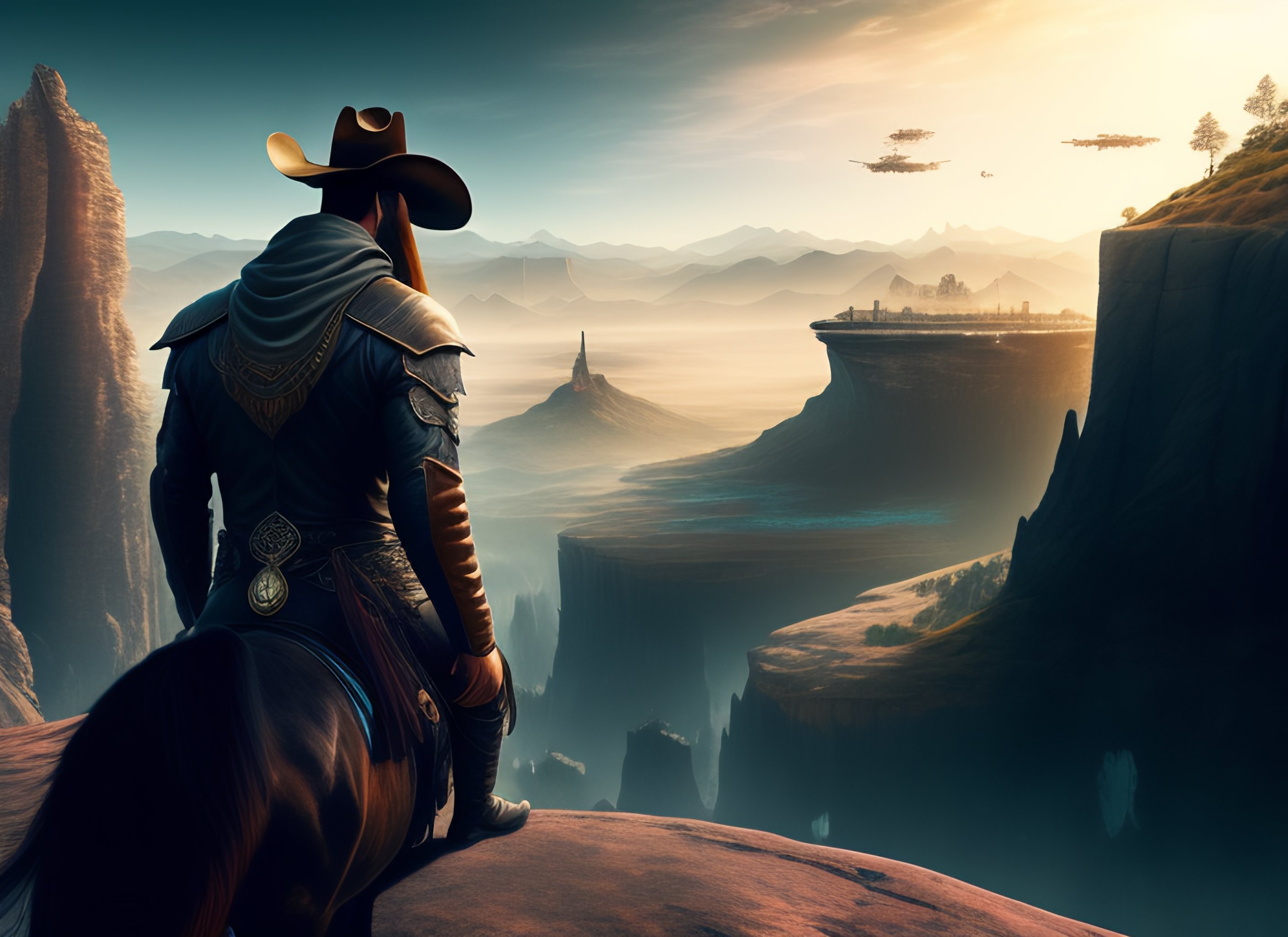 Lexica - A cowboy on a horse on a cliff overlooks a futuristic ...