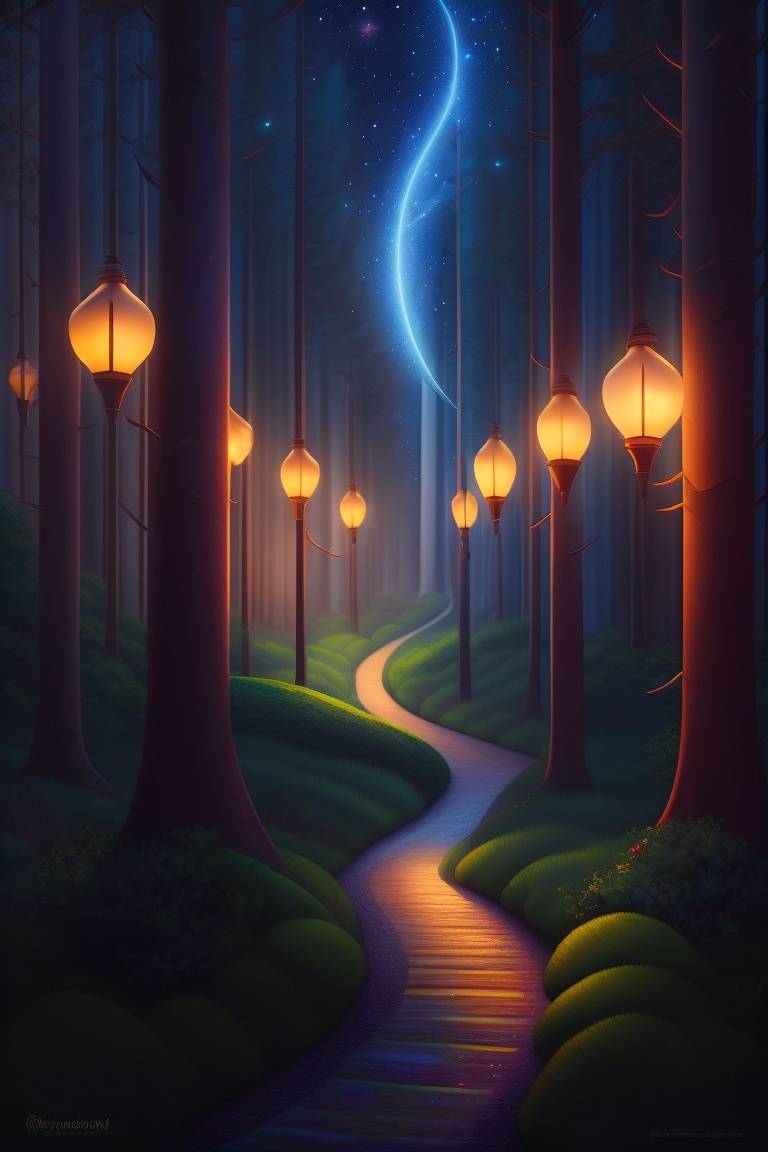 Lexica - A dark night in an enchanted forest, central pathway, tiny ...