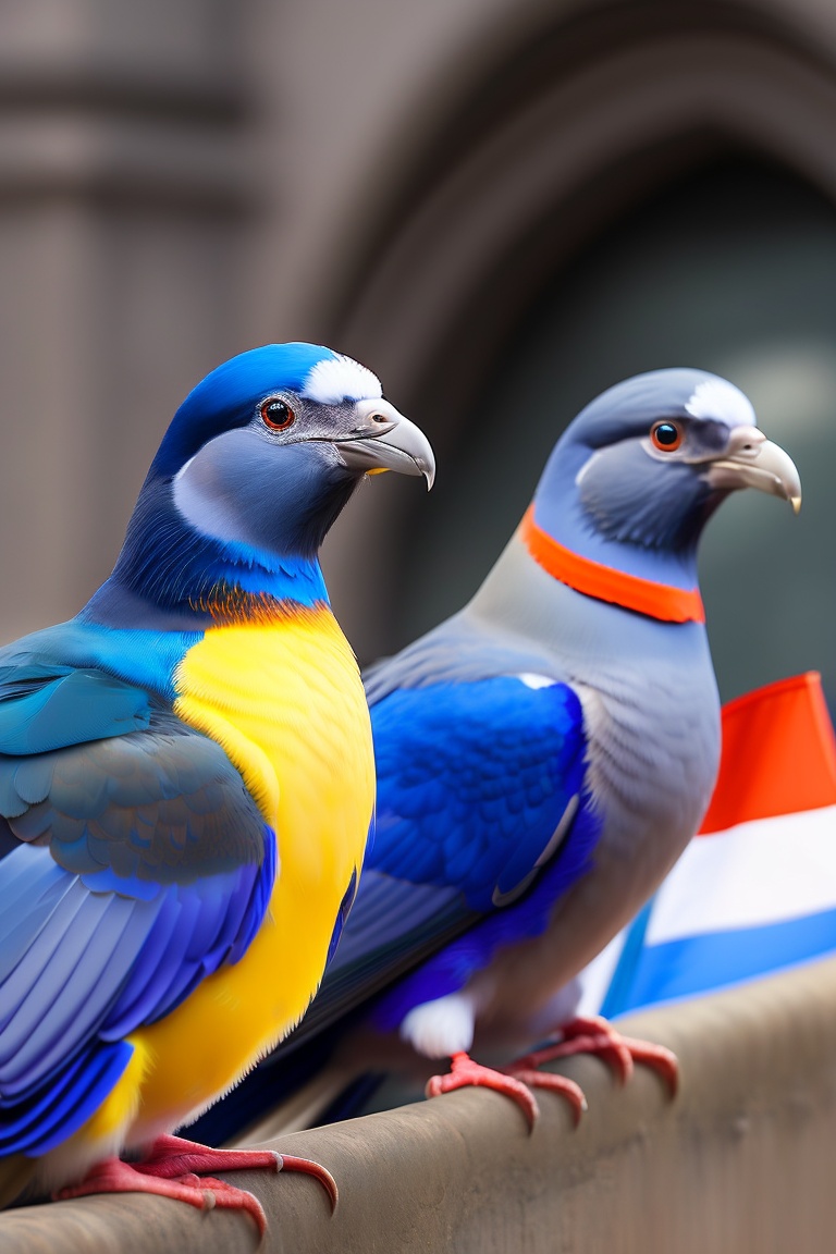Lexica - Pigeons::2, one with a yellow and blue flag and the other with ...