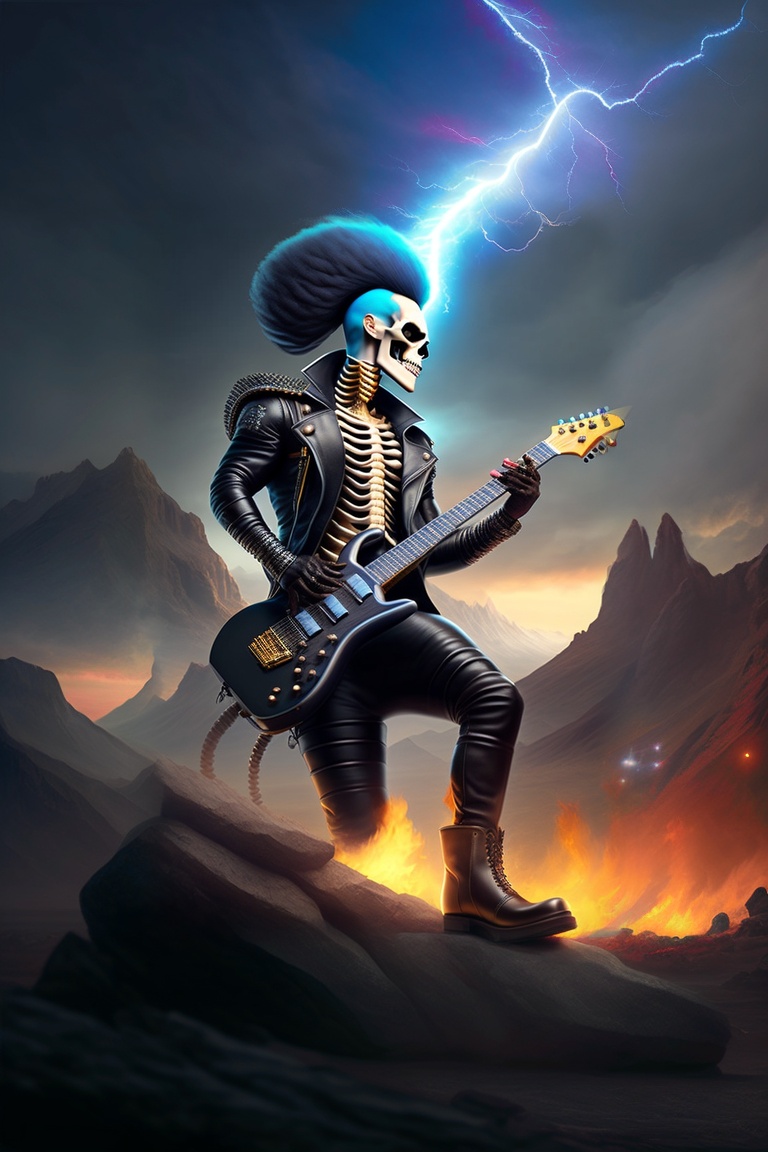 Lexica - Jewfro mohawk giant skeleton in black leather playing ...