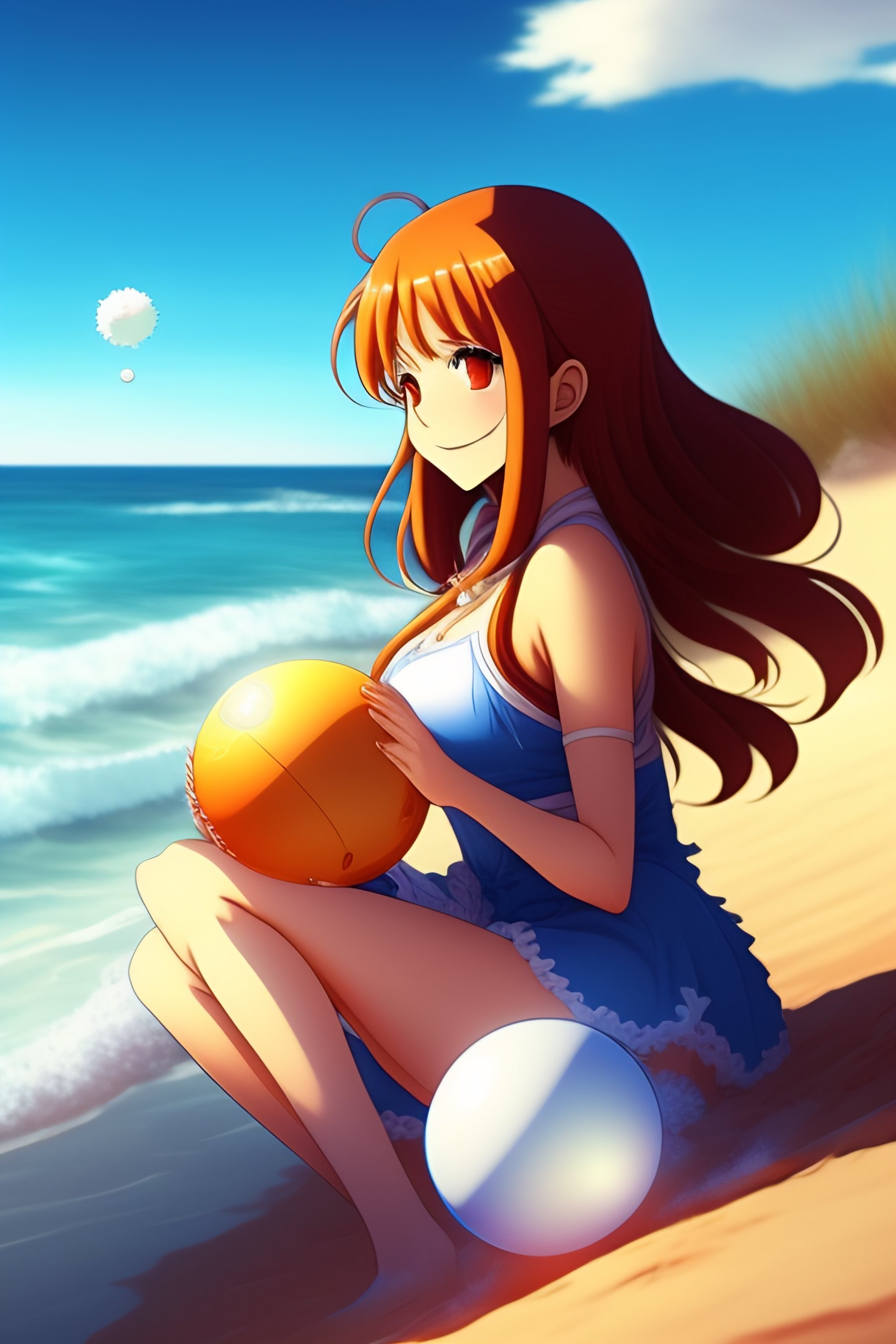 Lexica - Orihime bleach dropping a ball at the beach