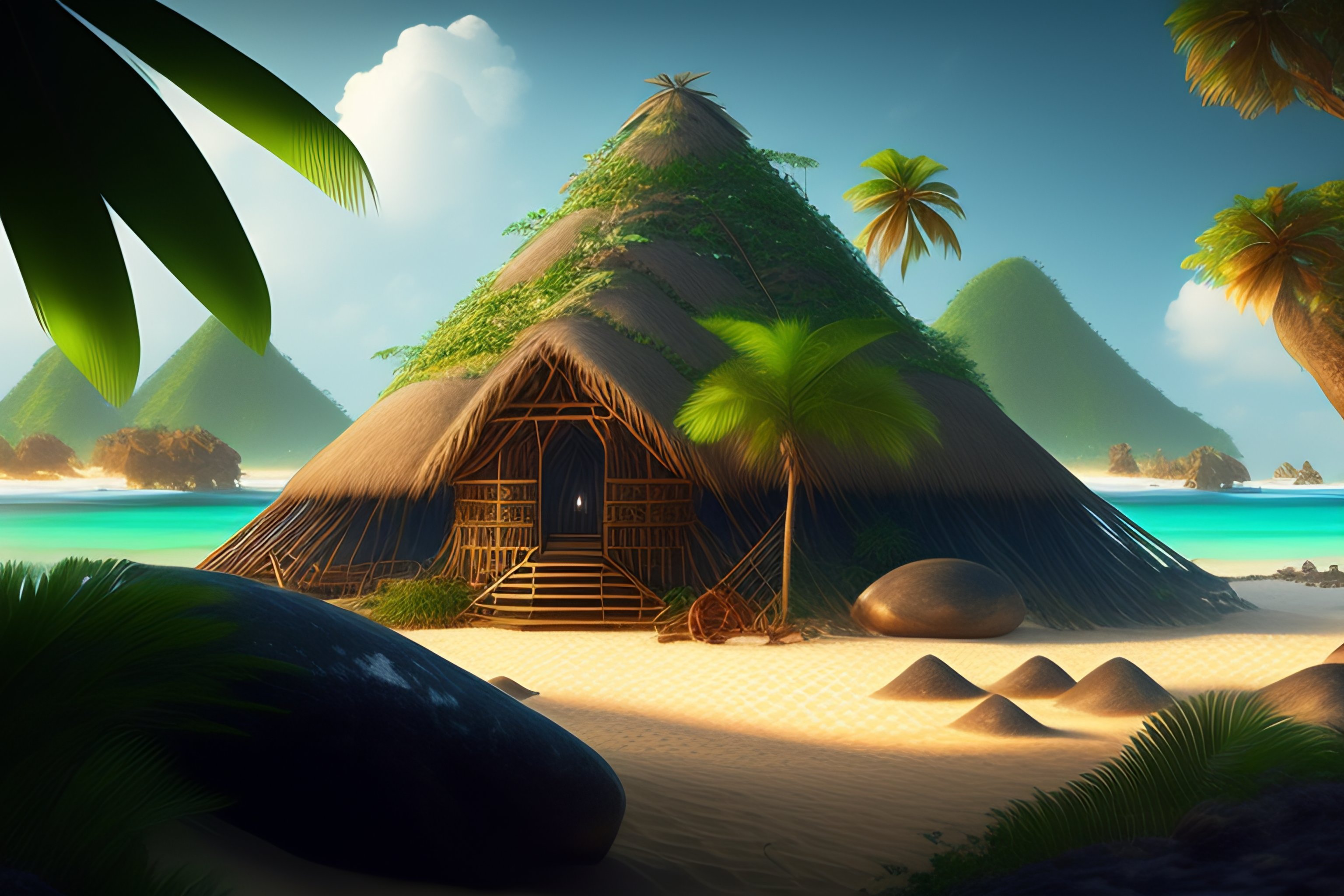 Lexica - Giant elven amerindian hut bamboo on tropical island beach ...