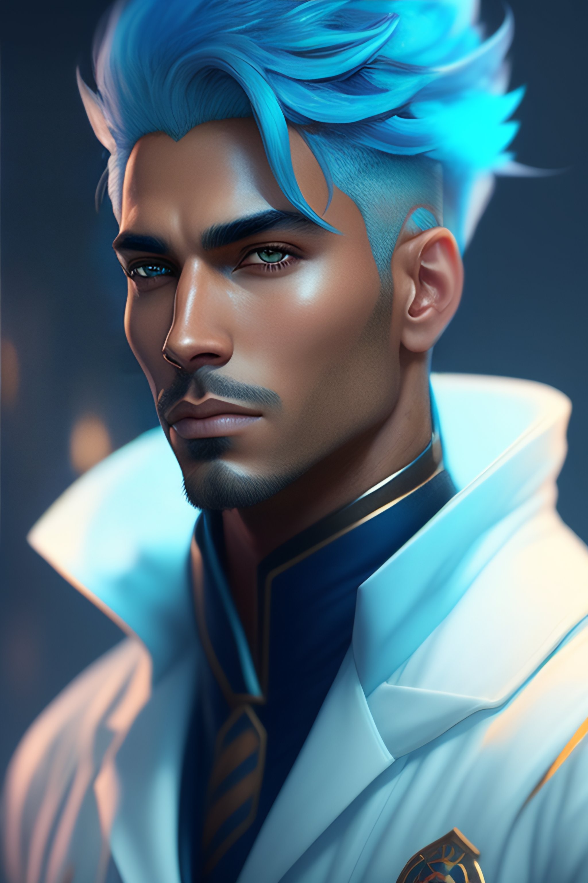 Lexica - A portrait of a tanned male scientist with cyan blue hair by ...