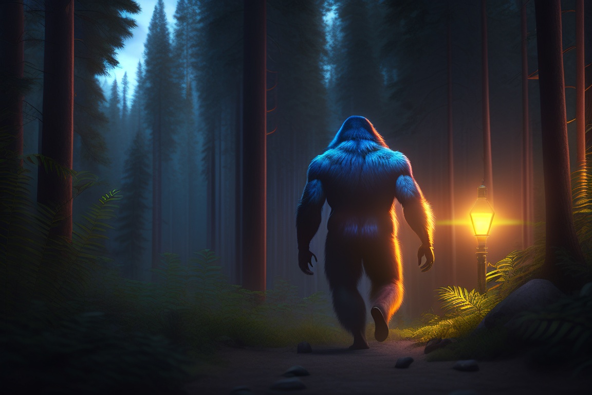 Lexica - Bigfoot, forest, night, ultra realistic, brightly lit, cinematic