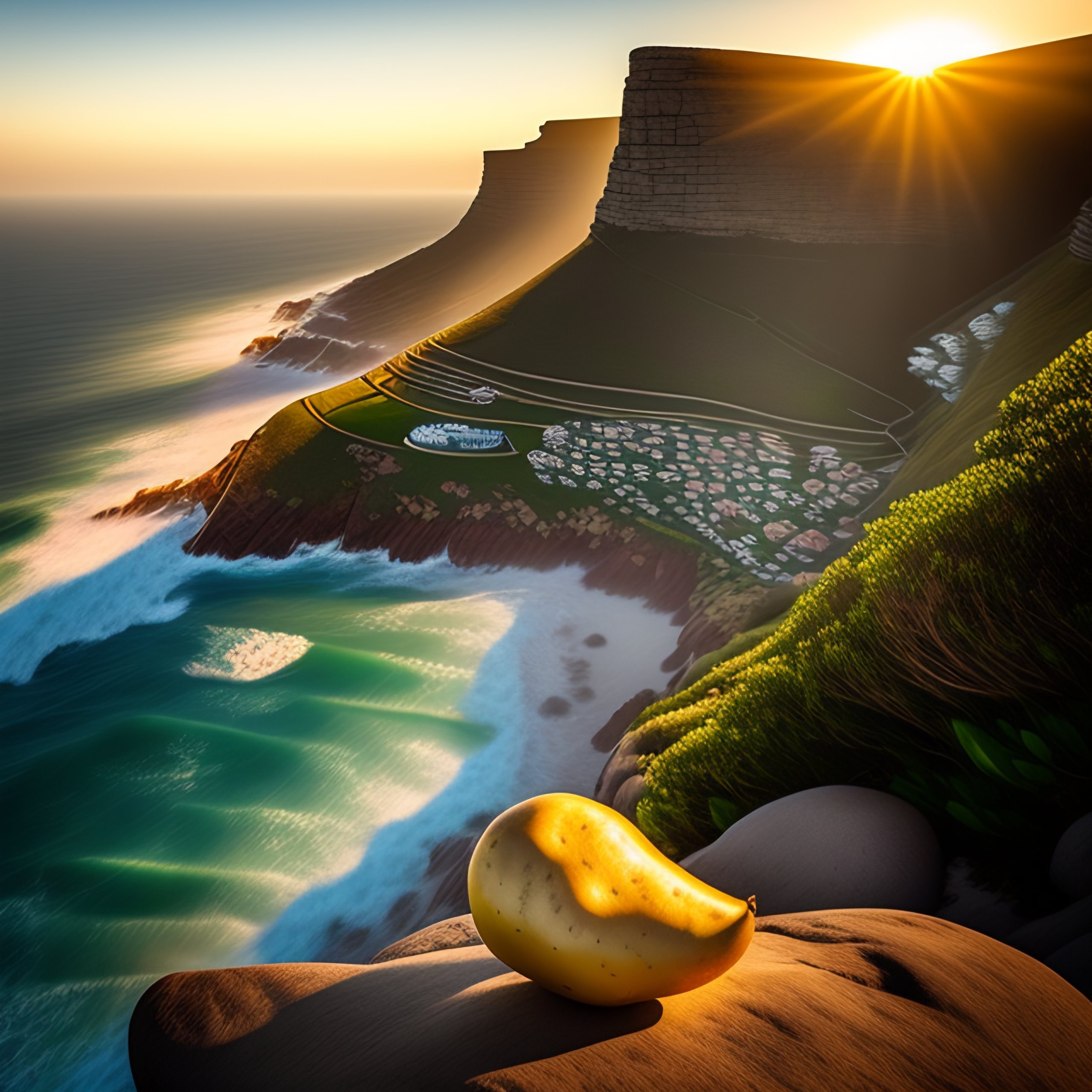 Lexica - Imagine a living potato standing atop a windswept cliff in ...