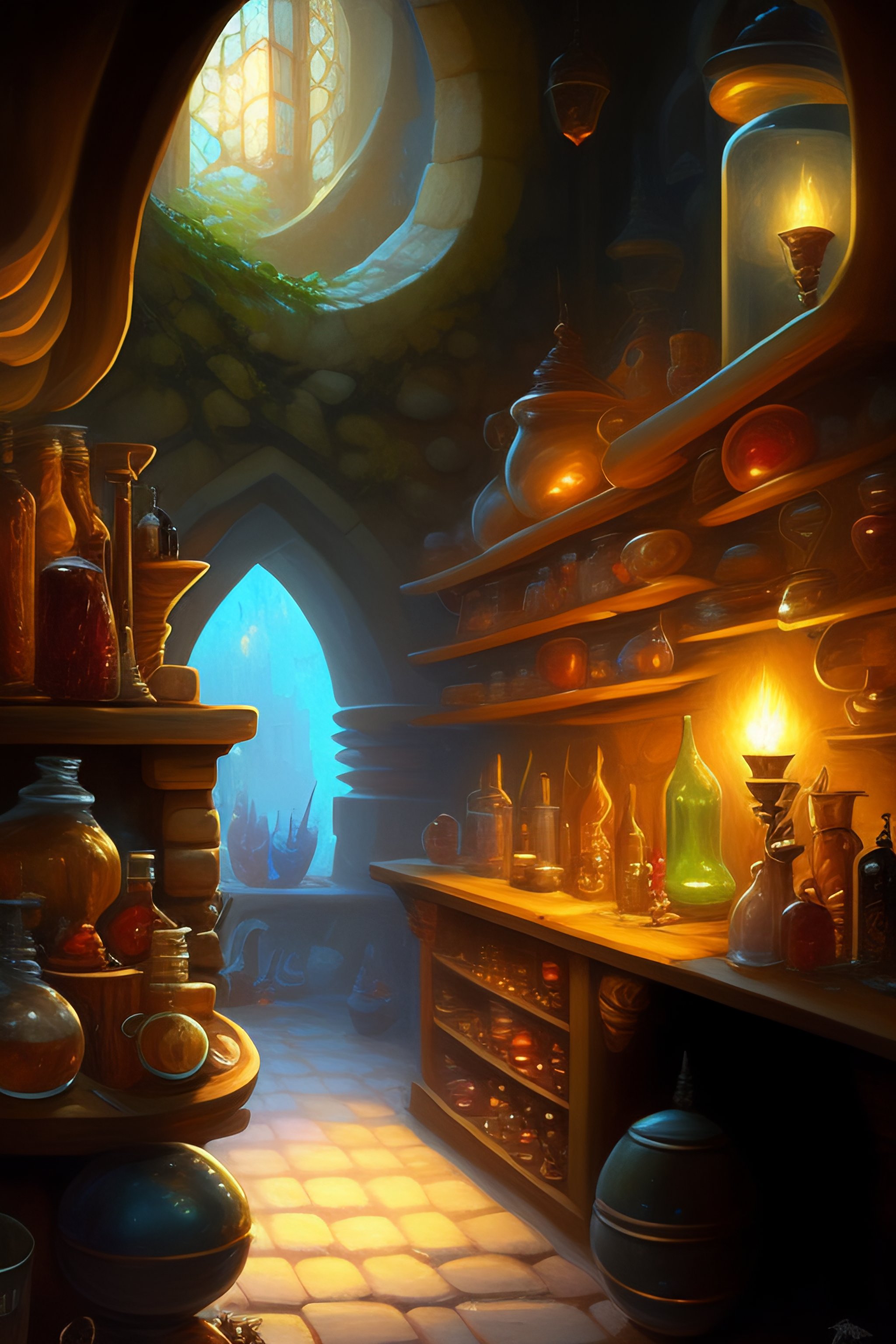 Lexica - Surreal painting of a cluttered fantasy medieval alchemist's ...