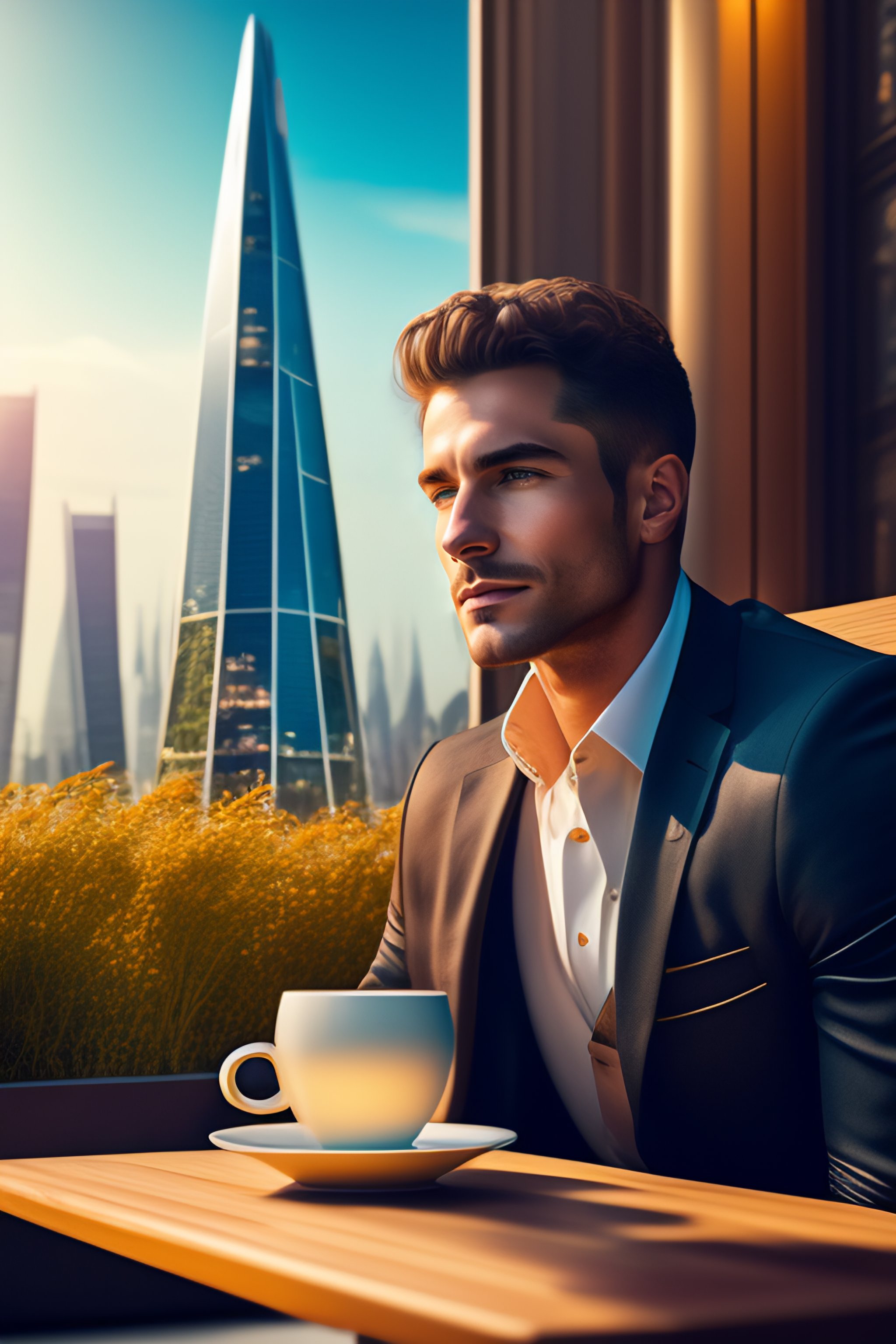 Lexica - Solarpunk man drinking coffee with background as A high tech ...