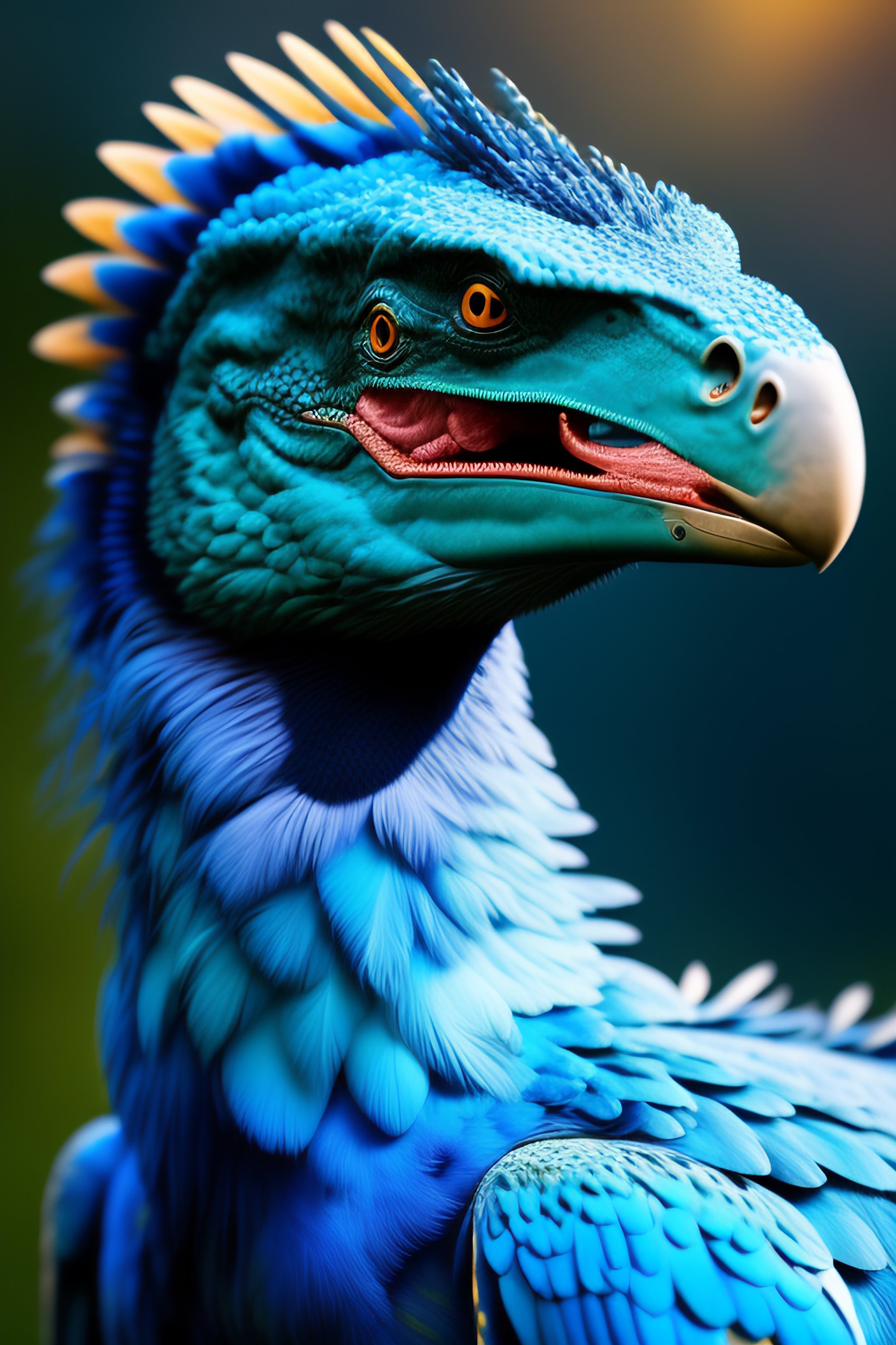 Lexica - Blue velociraptor with feathers and beak