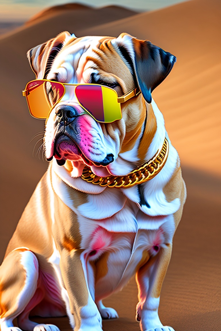Lexica - A white boxer dog wearing boxer robe, gold chain and big sunglases