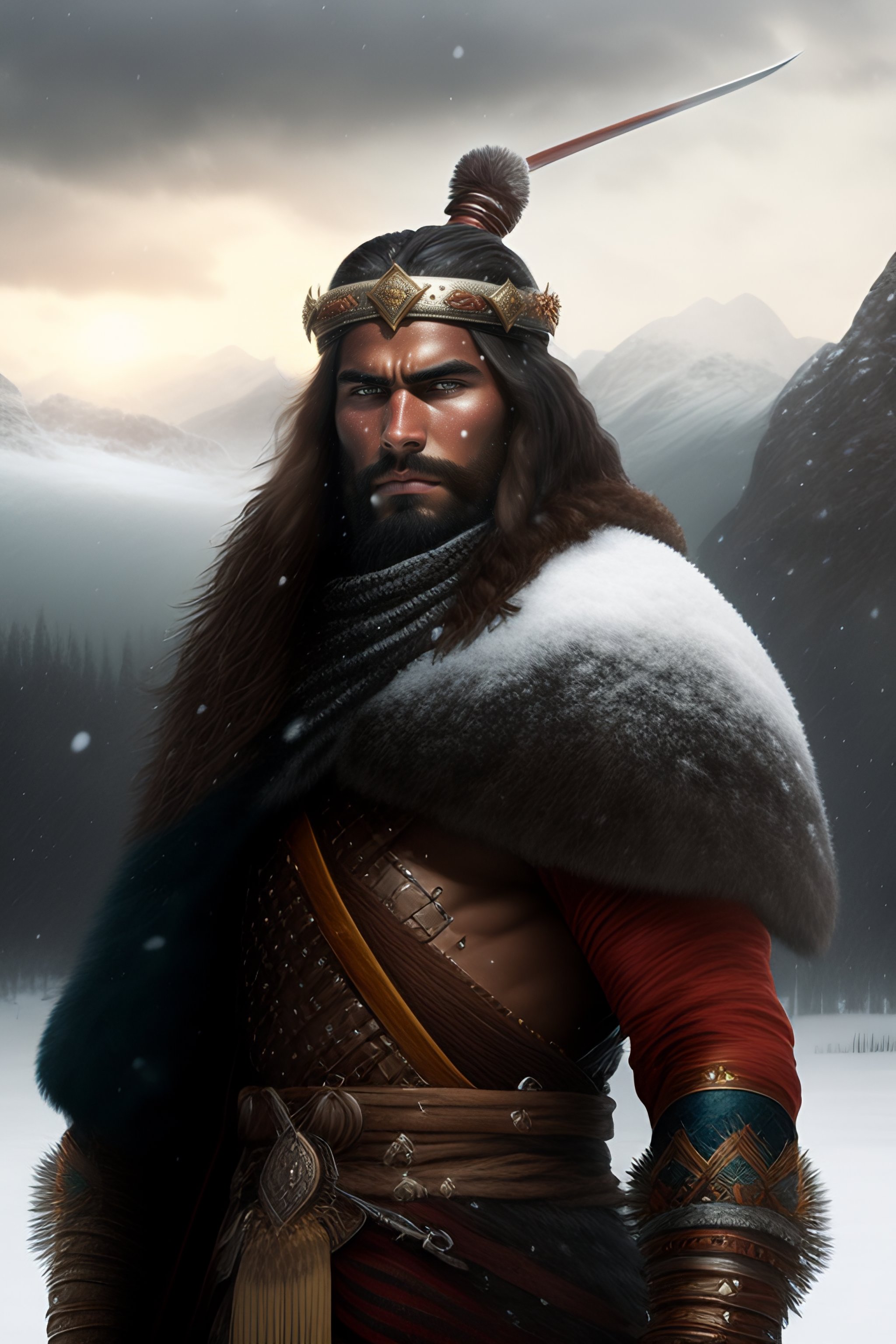 Lexica - Portrait of a barbarían warrior in a snowy landscape