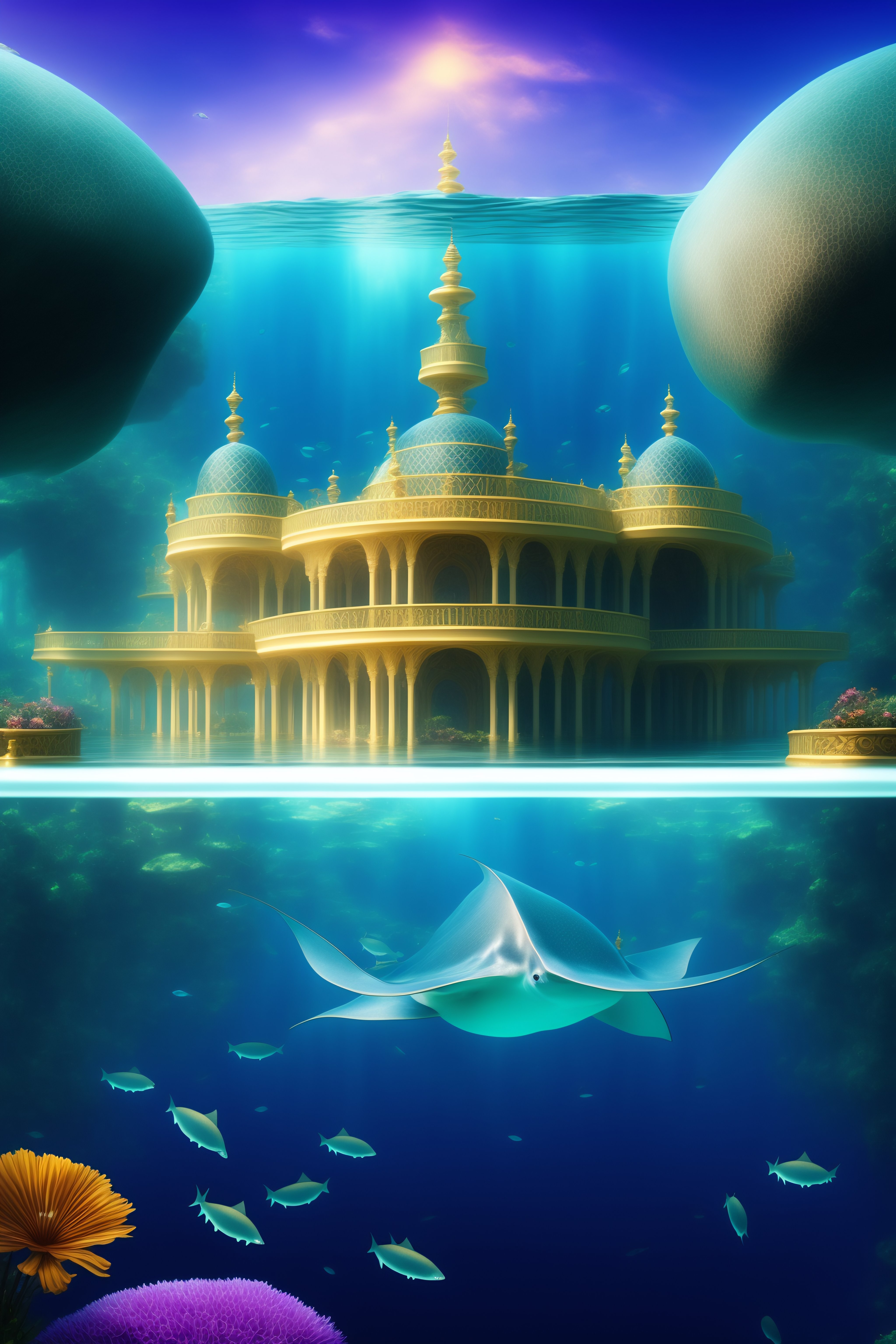 Lexica - A magical water palace with sting rays swimming around the palace