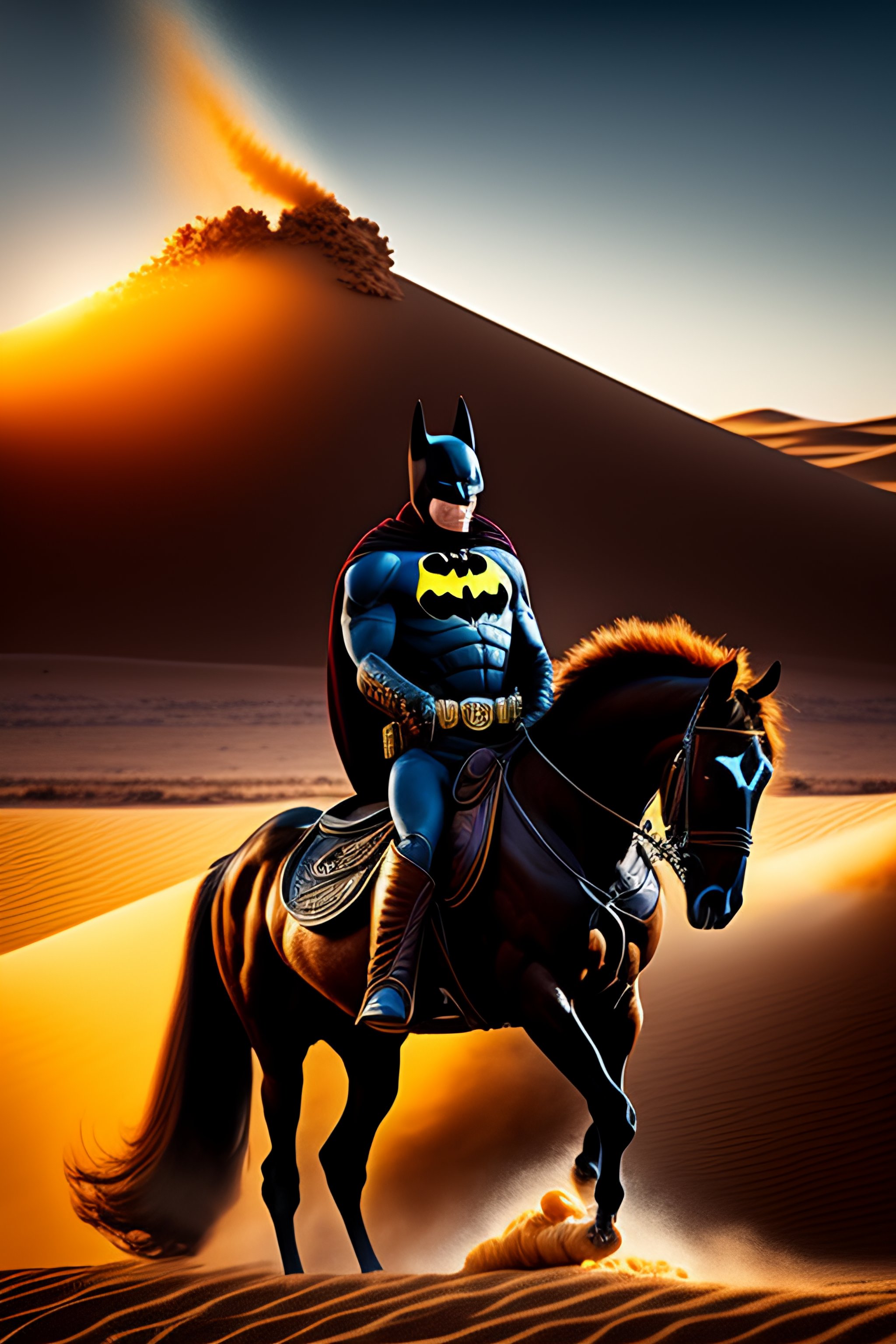 Lexica - Batman riding a horse in the desert