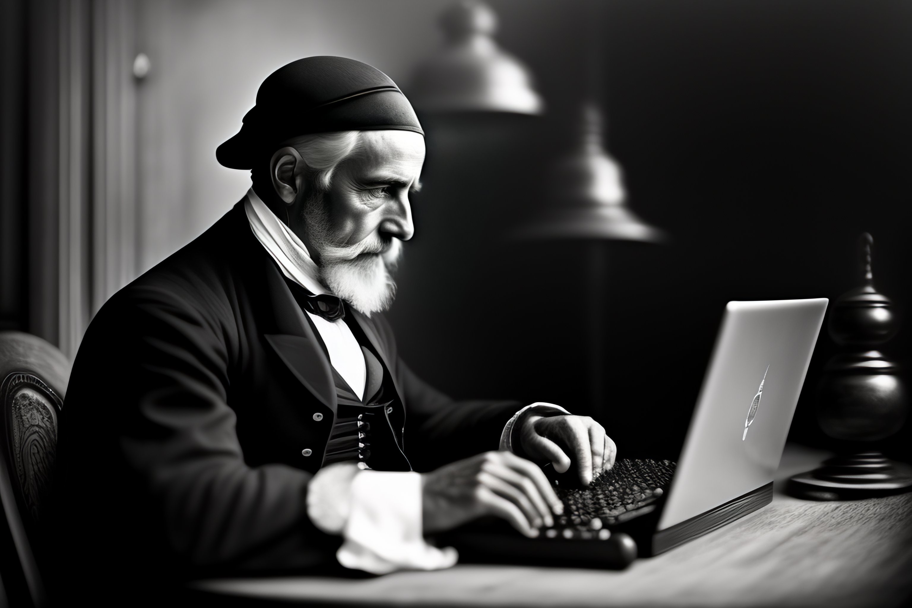 Lexica - 1800s photo of man using computer in period cloths black and ...