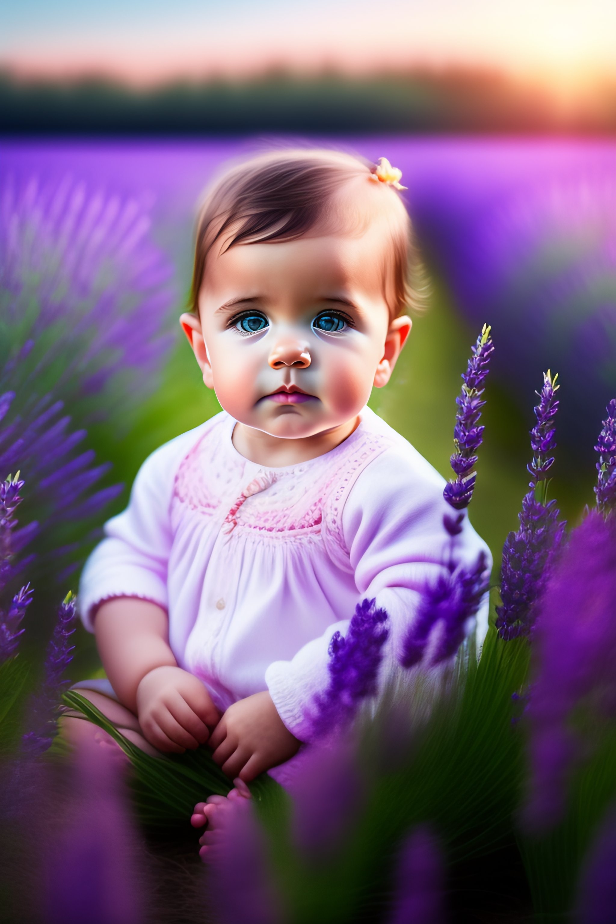 Lexica - Female baby in field of lavender, distant, facing towards ...
